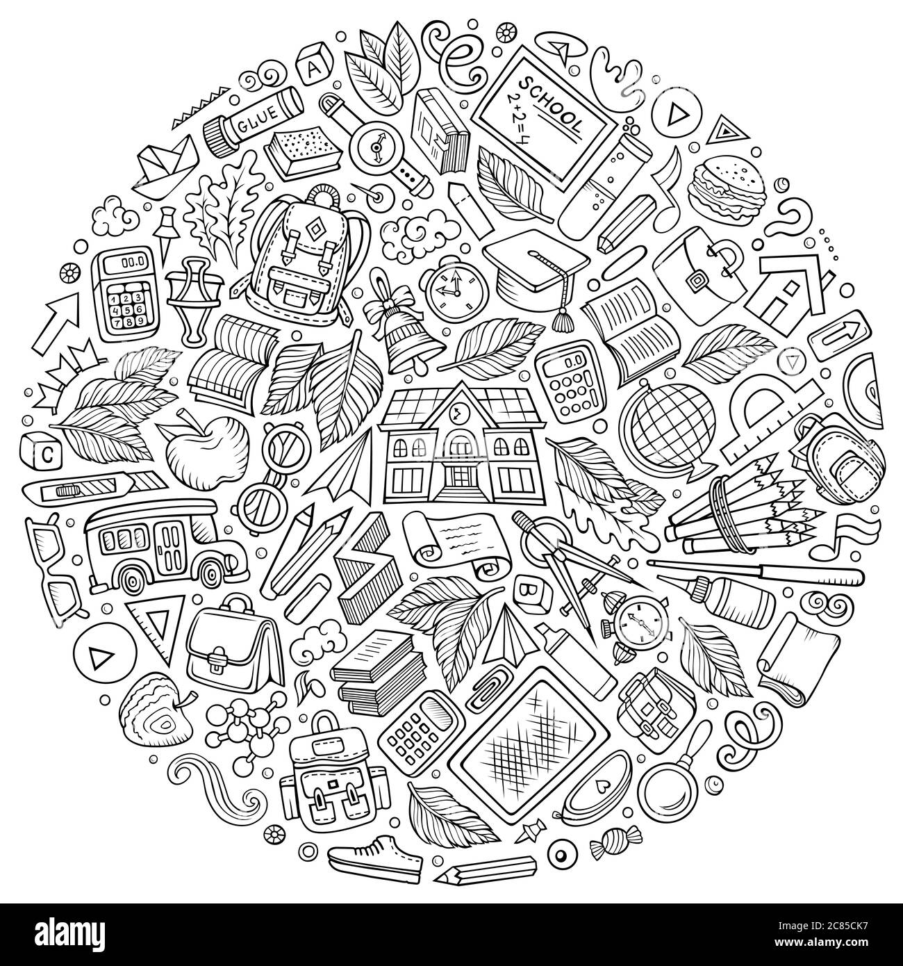 Line art vector hand drawn set of School cartoon doodle objects Stock ...