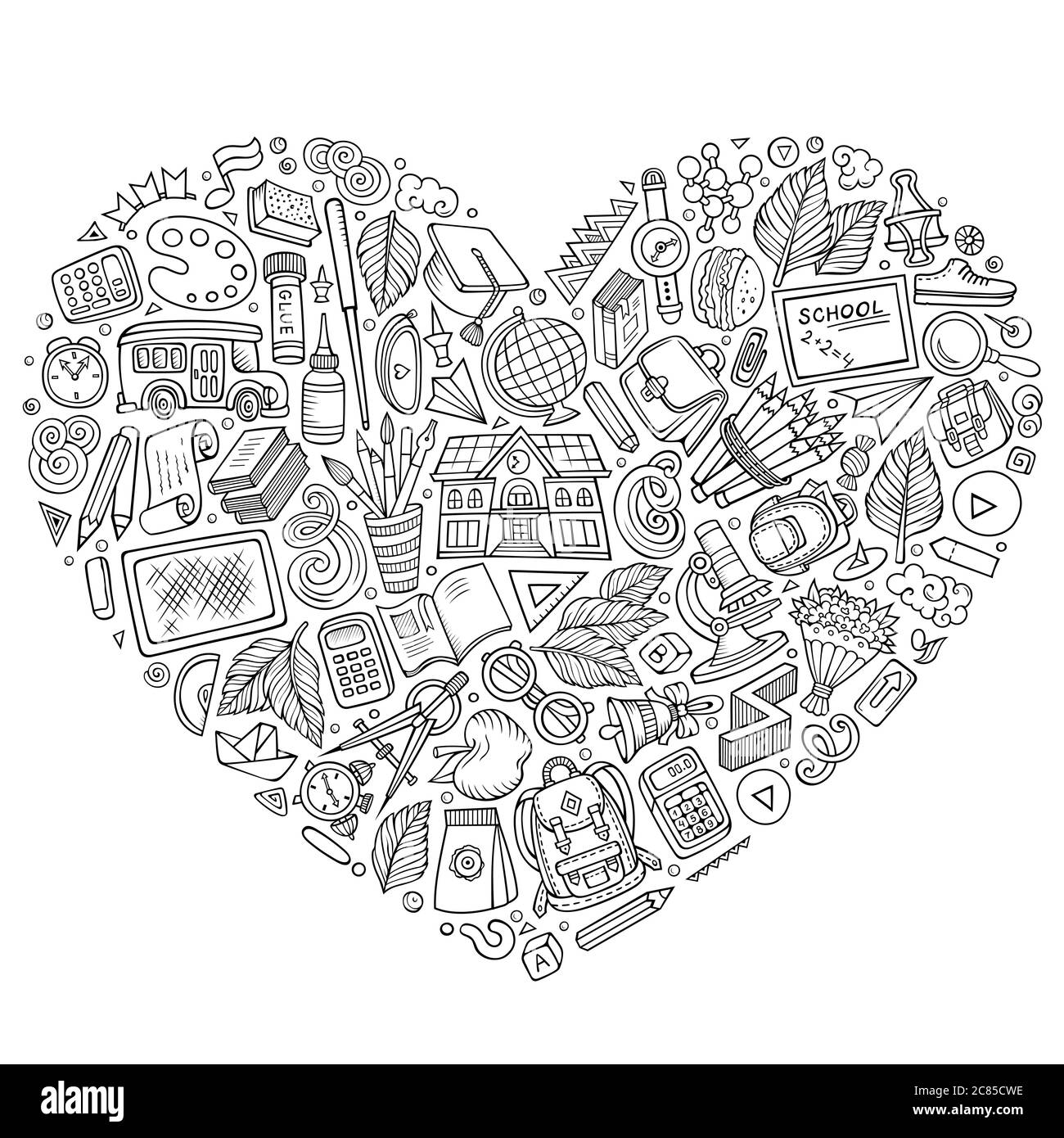 Line art vector hand drawn set of School cartoon doodle objects Stock ...