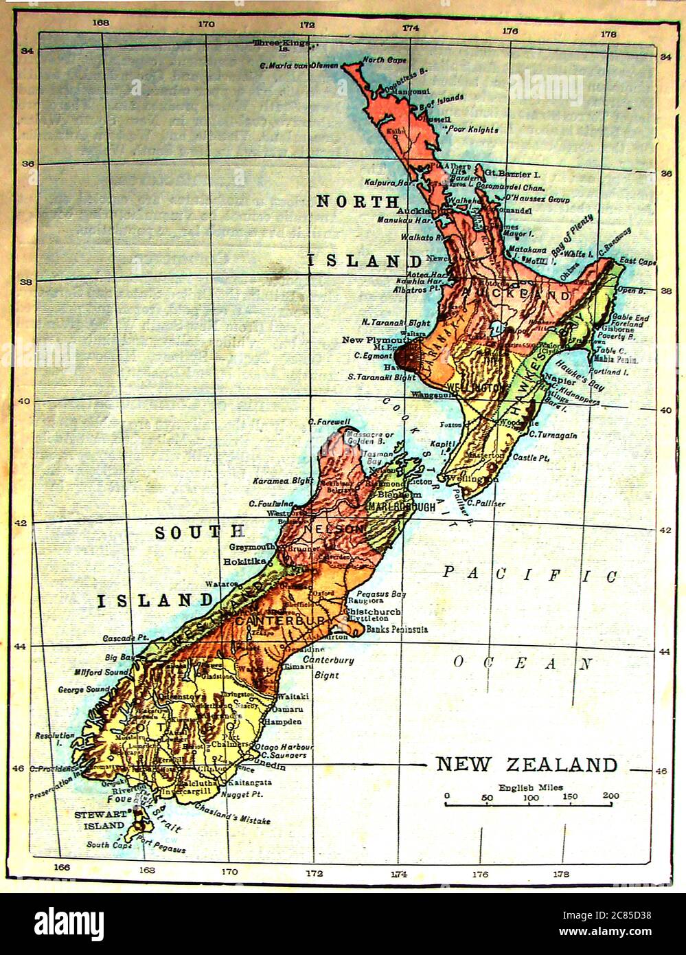 A 1901 historic coloured map of New Zealand (North & South islands ...