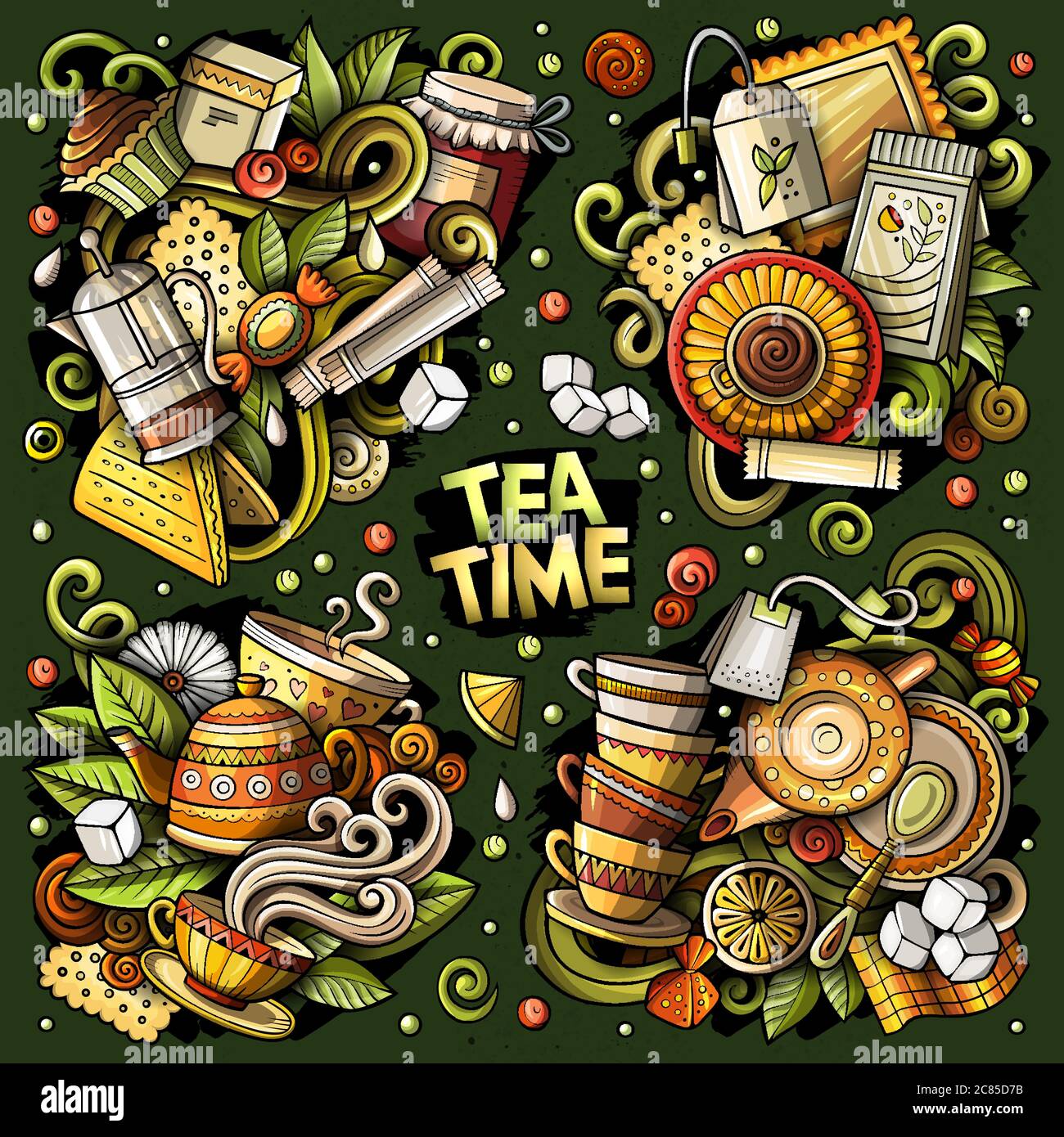 Colorful vector hand drawn doodles cartoon set of Tea combinations ...