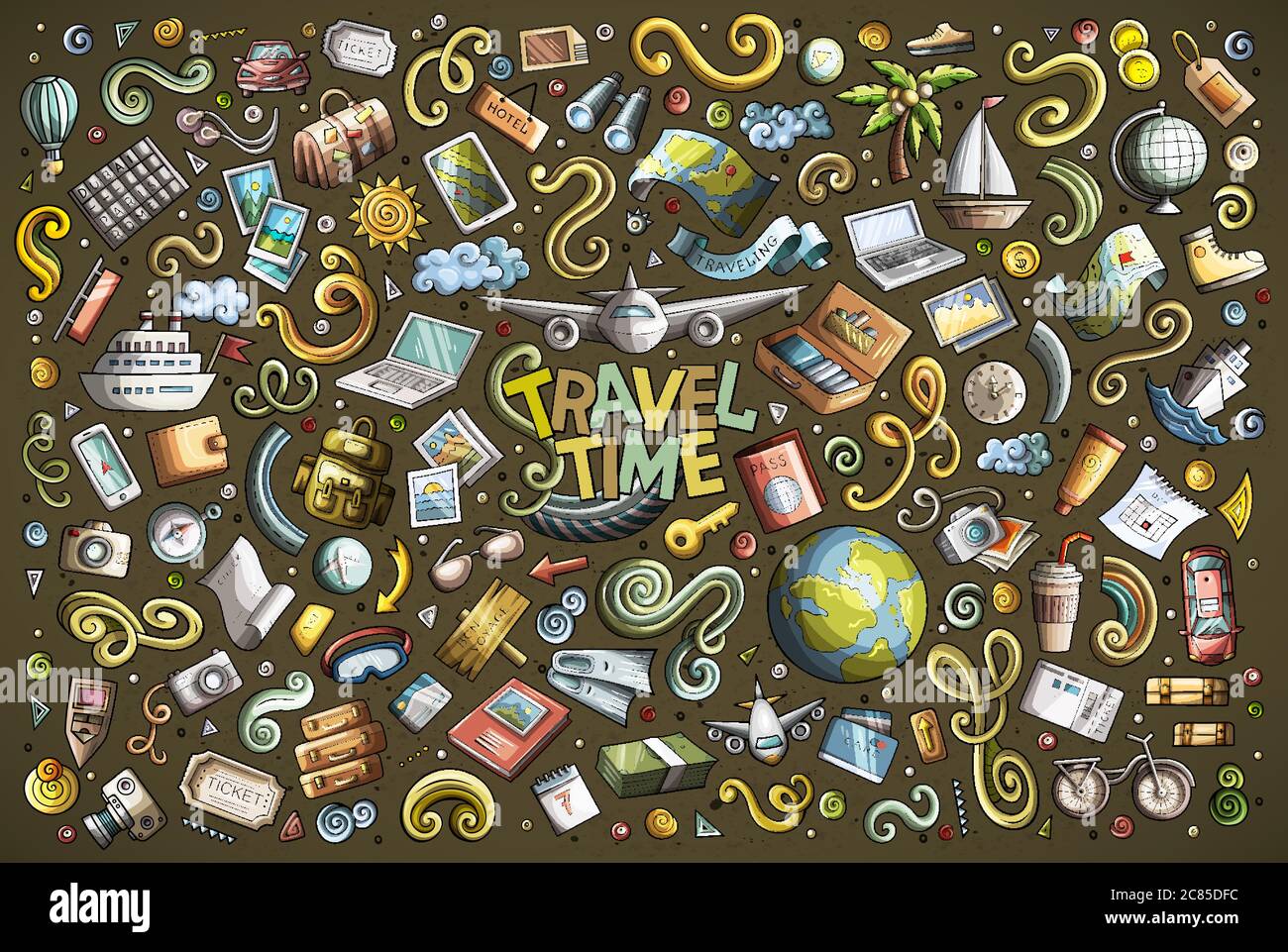 Vector doodle cartoon set of travel theme items Stock Vector Image ...
