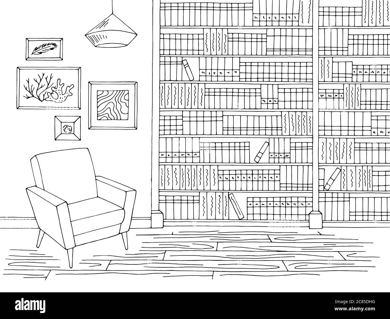 Library interior graphic black white sketch illustration vector Stock ...