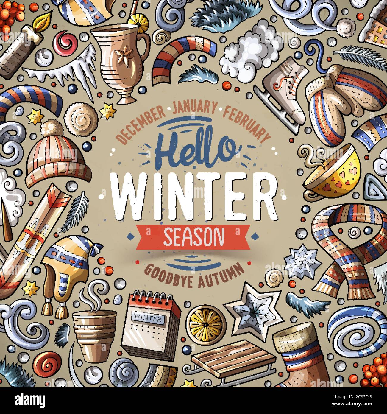 Cartoon vector doodles Winter objects frame card design Stock Vector ...