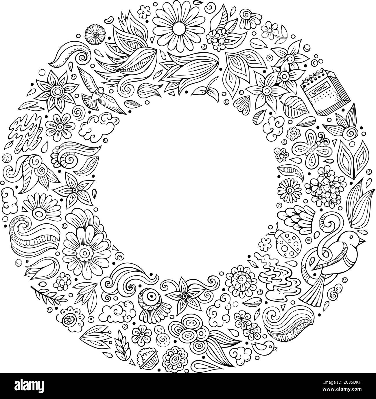 Line art vector hand drawn set of Spring cartoon doodle objects Stock ...