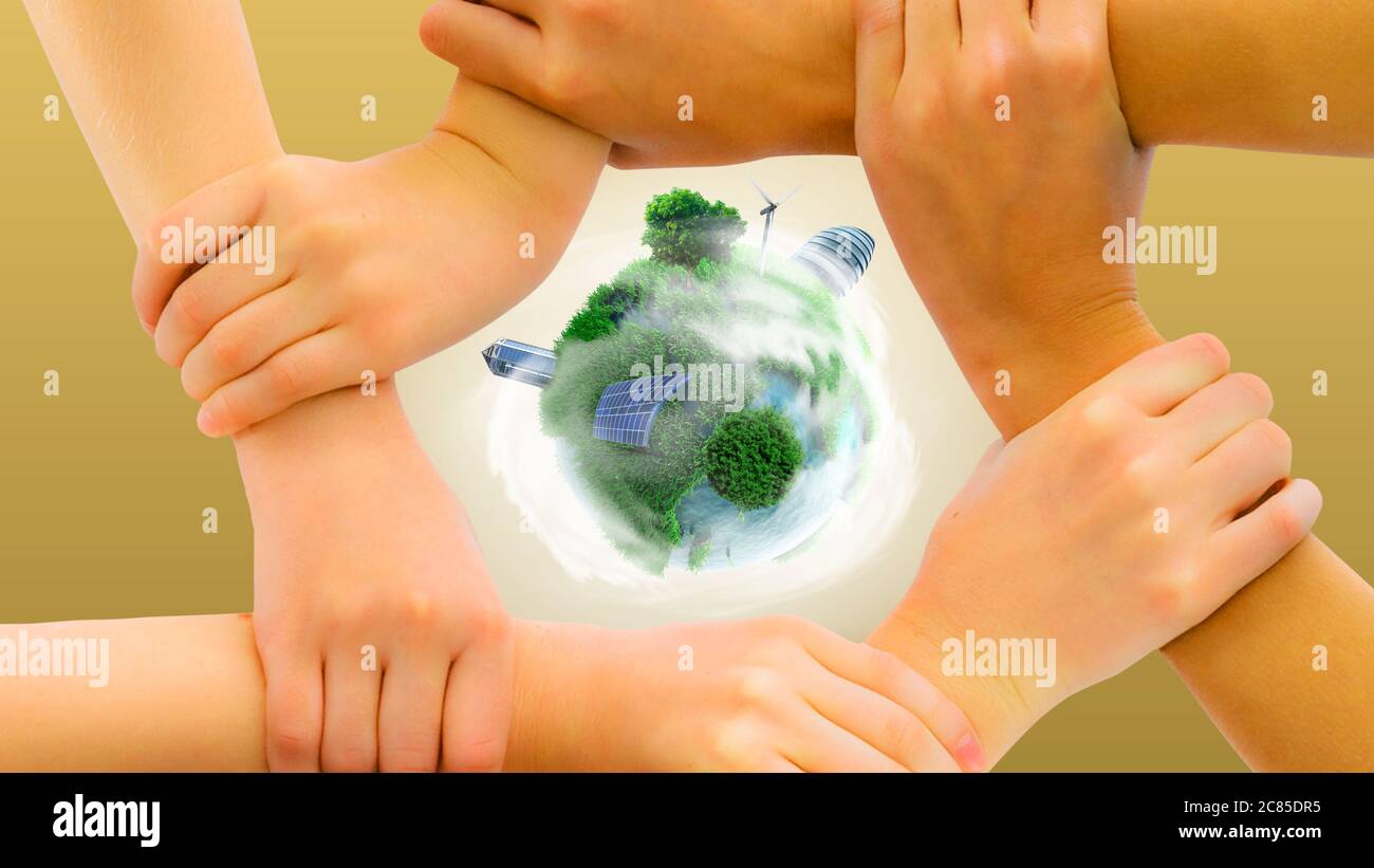 People protect earth concept, many hands together to protect the ...