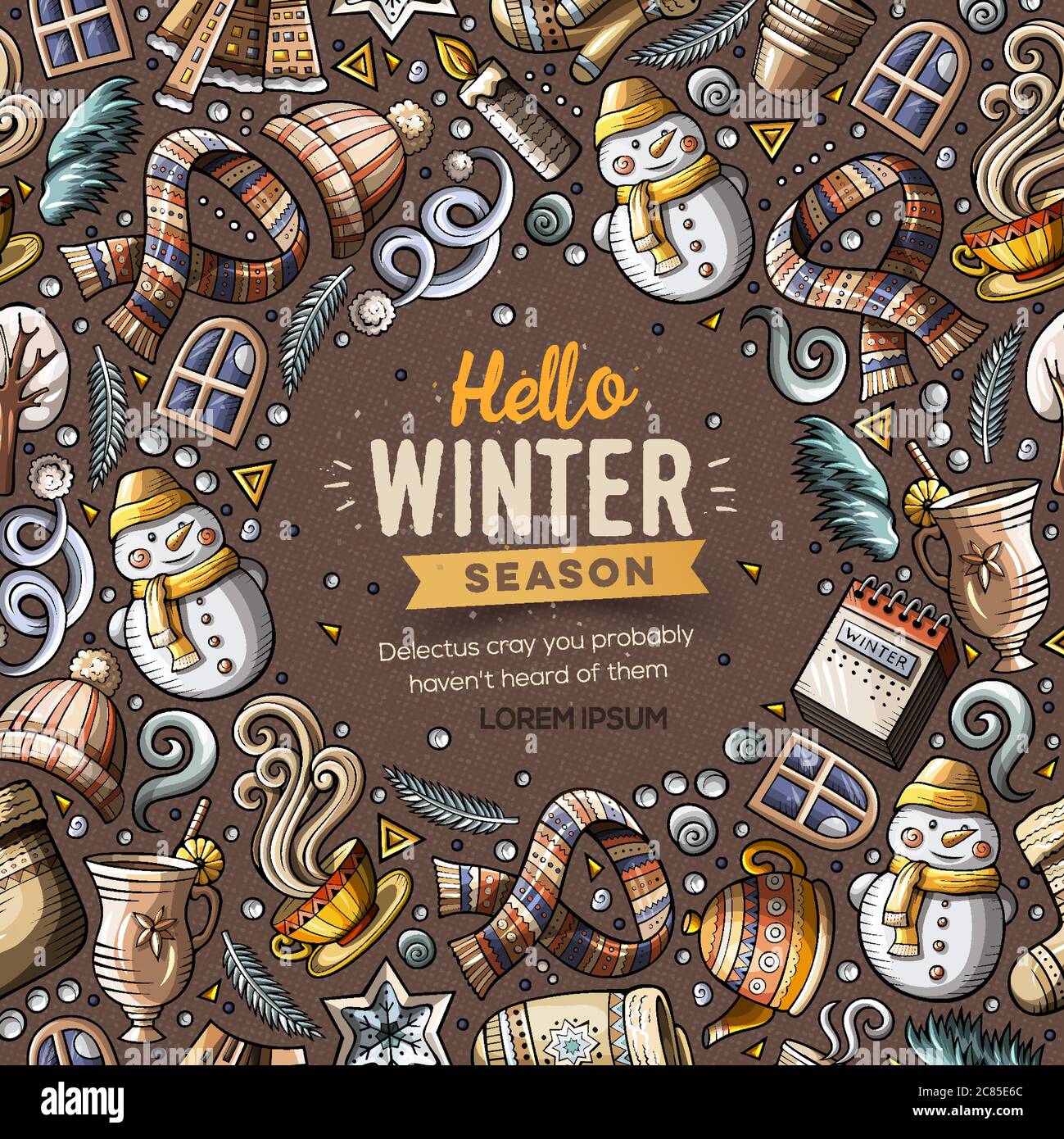 Cartoon vector doodles Winter objects frame card design Stock Vector ...