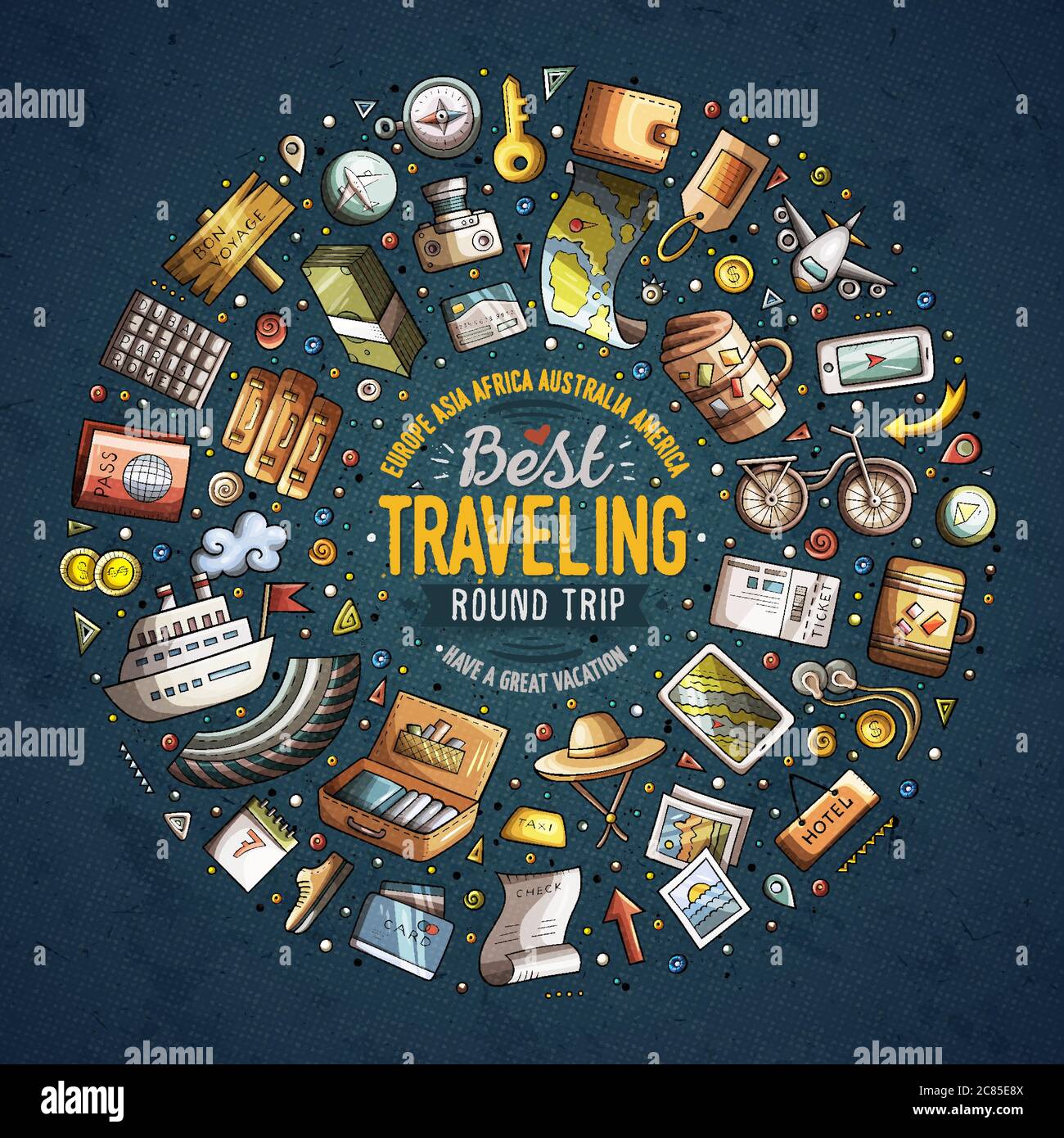 Round frame Travel cartoon objects, symbols and items Stock Vector ...