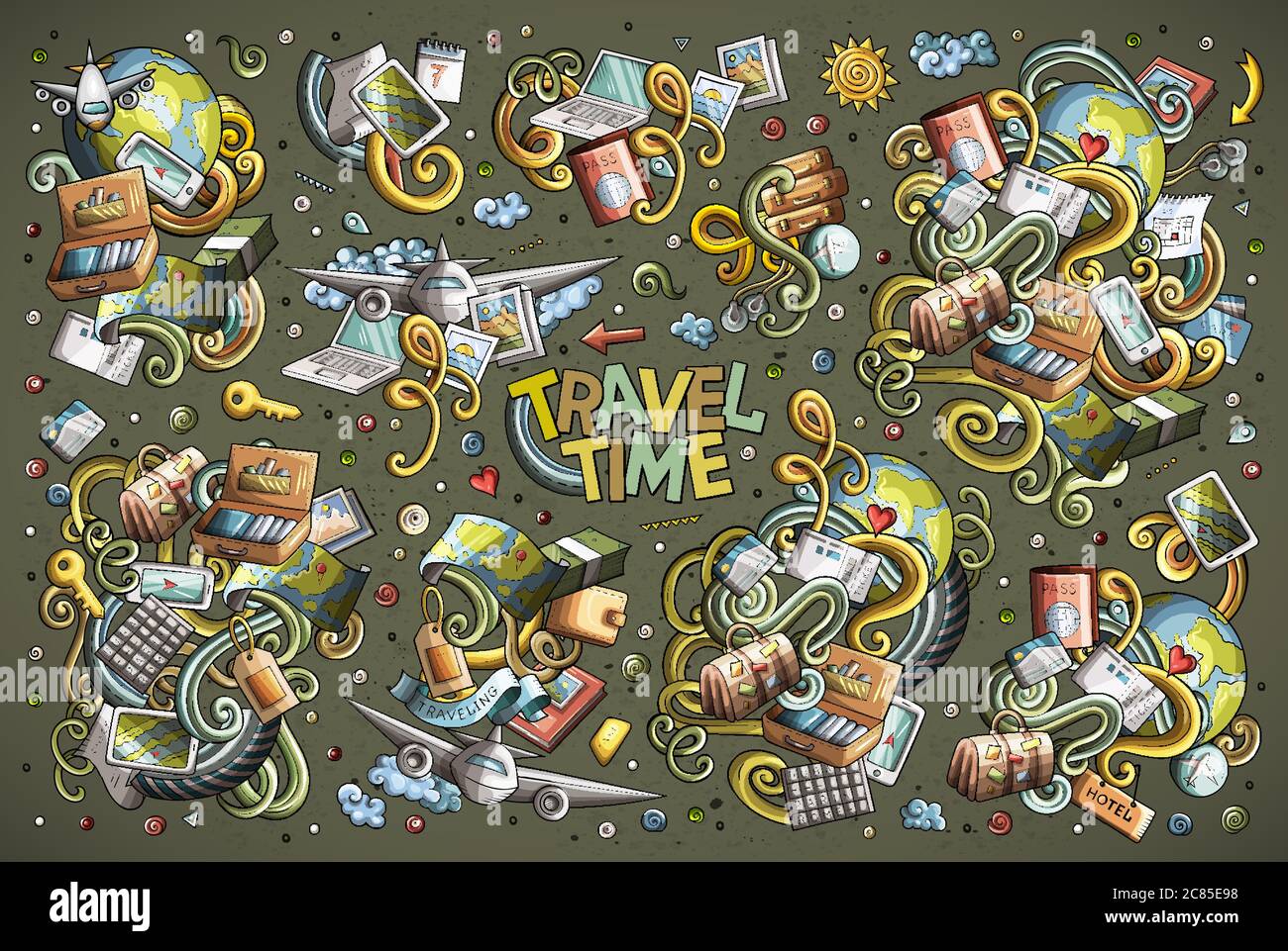 Vector doodle cartoon set of travel theme items Stock Vector Image ...