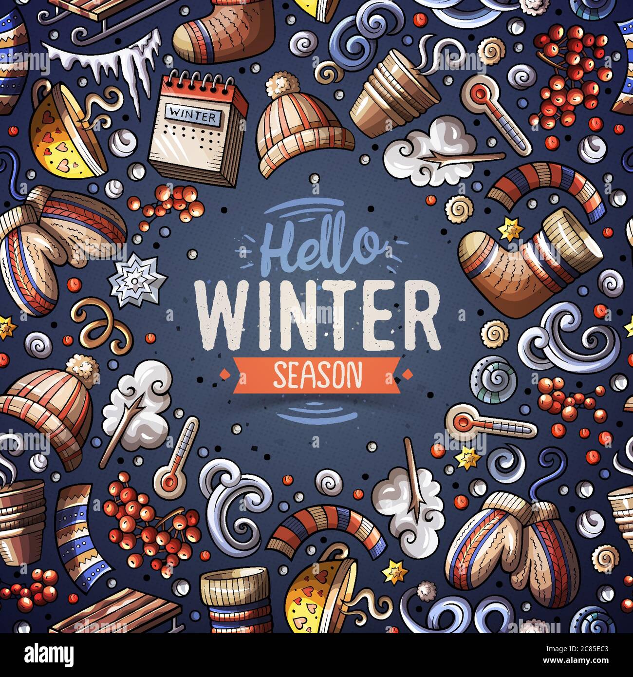 Cartoon vector doodles Winter objects frame card design Stock Vector ...