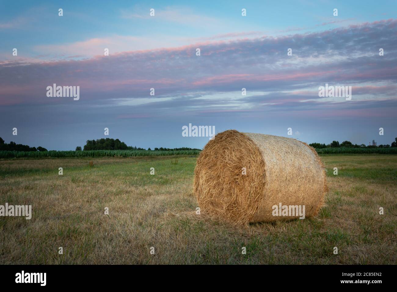 One hay bale in the meadow and evening clouds, summer view Stock Photo ...