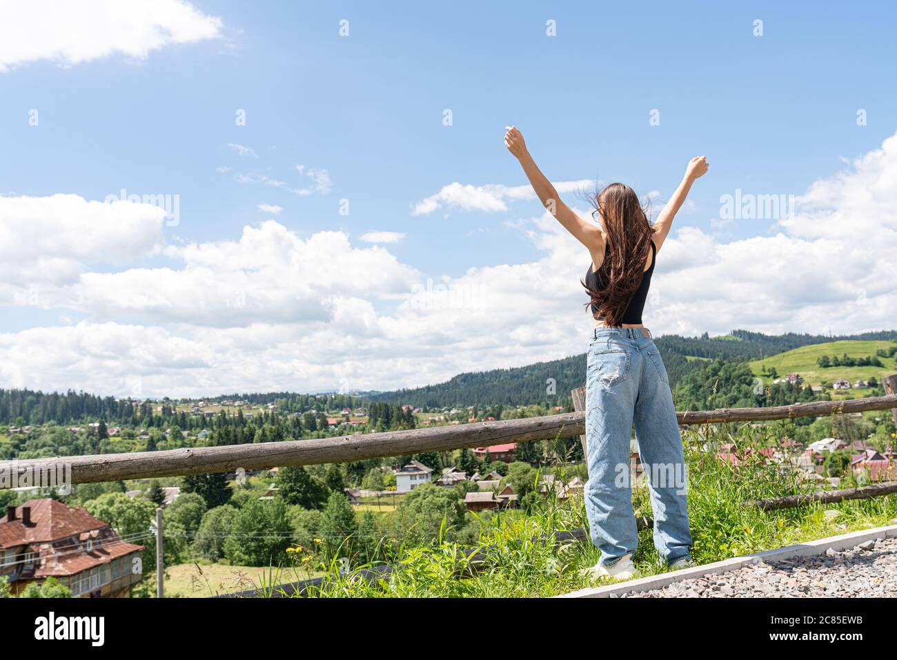 Silhouette woman hands up standing hi-res stock photography and images ...