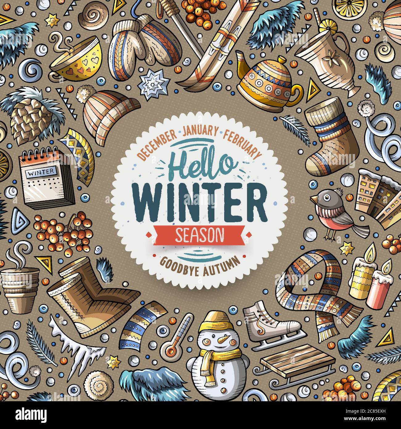 Cartoon vector doodles Winter objects frame card design Stock Vector ...
