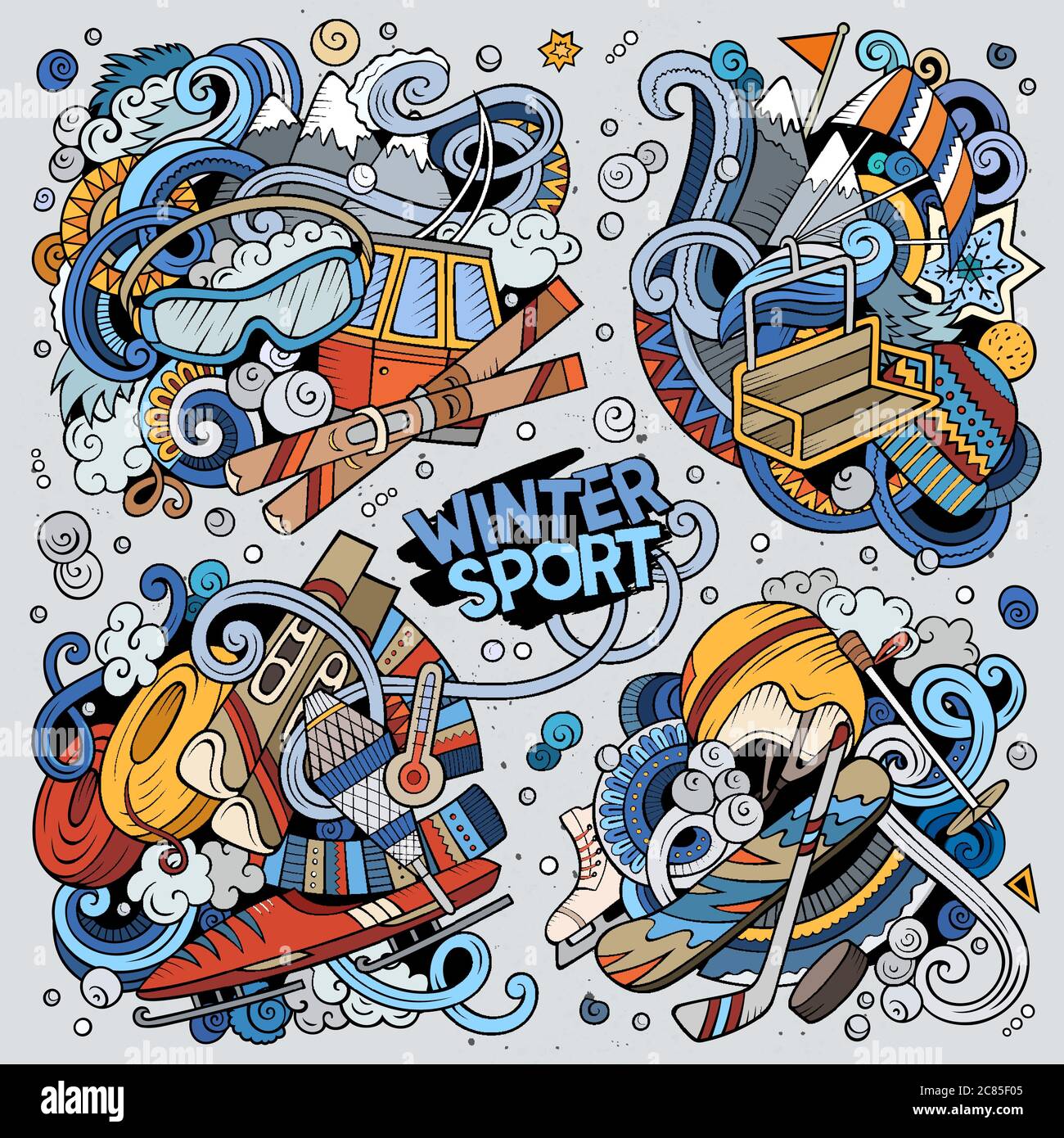 Colorful vector hand drawn doodles cartoon set of Winter sport ...
