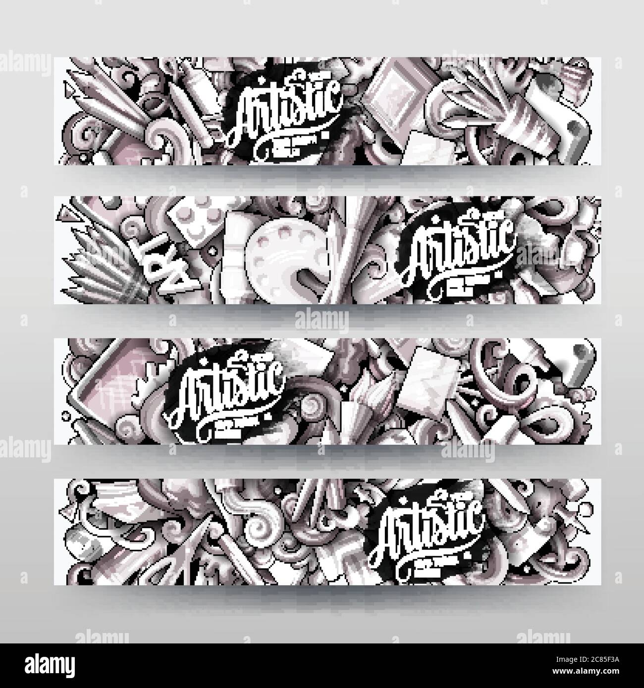 Cartoon graphics monochrome vector hand drawn doodles Artist id cards ...