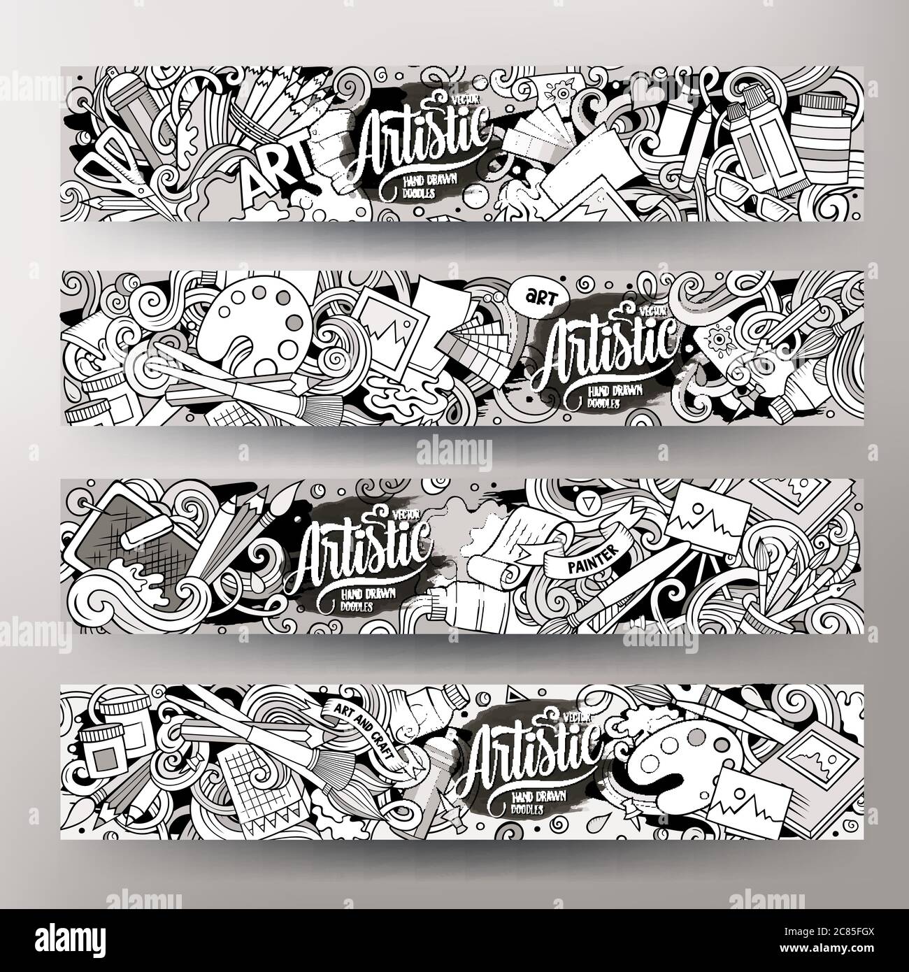 Cartoon cute vector hand drawn doodles Artist banners design Stock ...