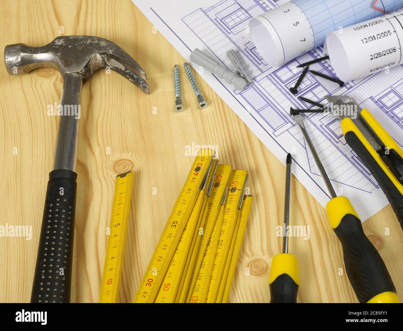 Tools and blueprints Stock Photo - Alamy