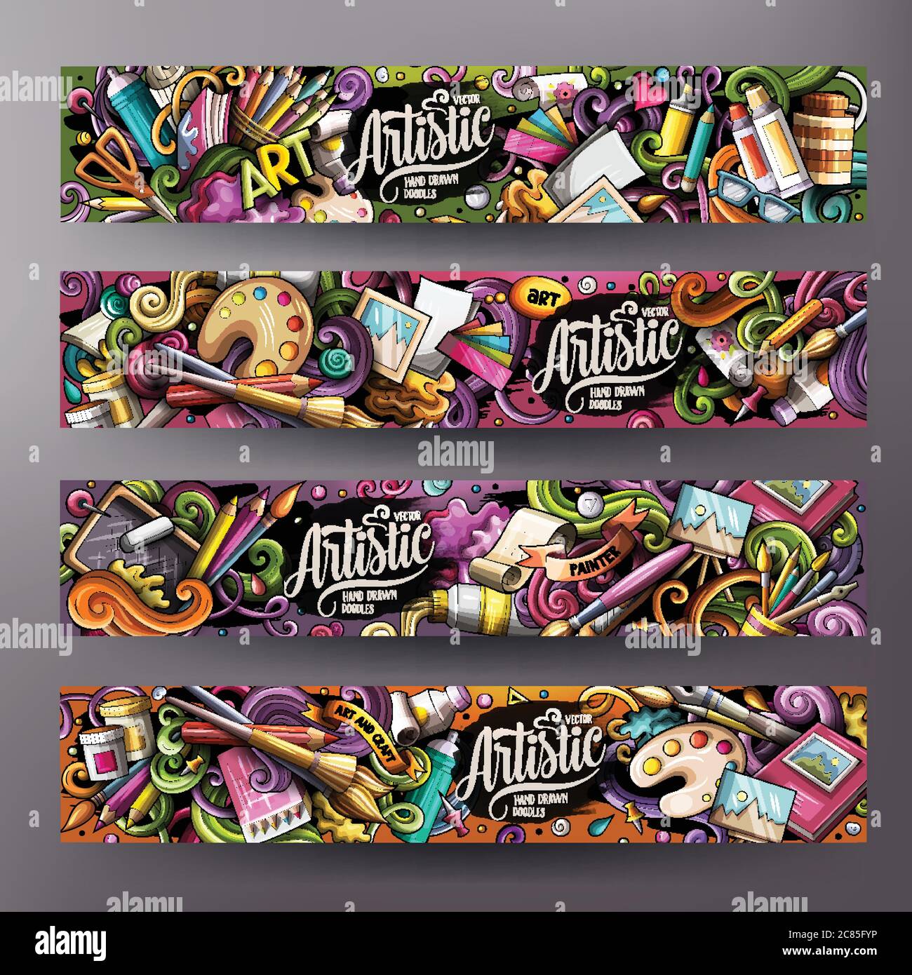 Cartoon cute colorful vector hand drawn doodles Artist banners design ...