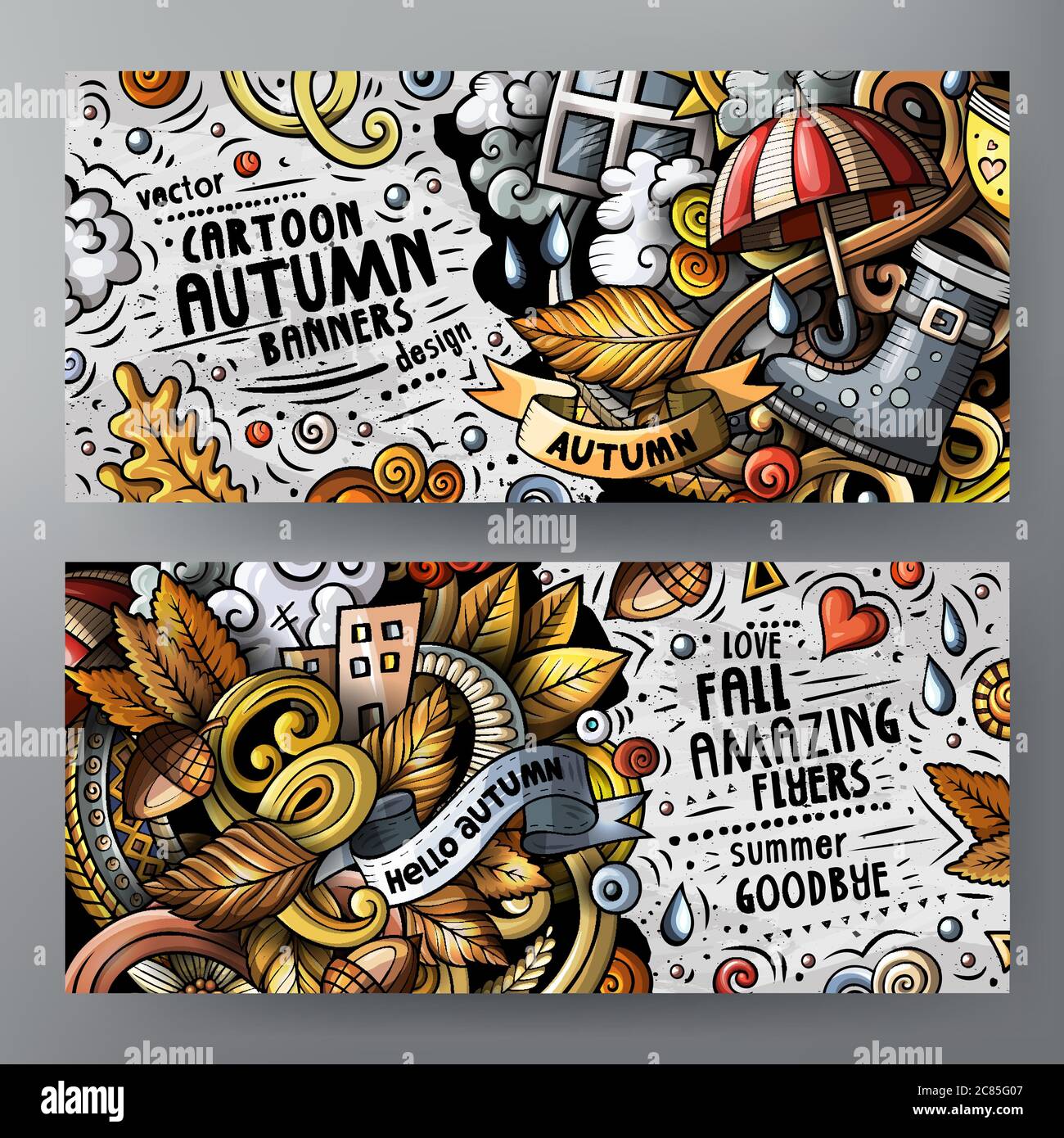 Cartoon cute vector doodles Autumn 2 horizontal banners Stock Vector ...