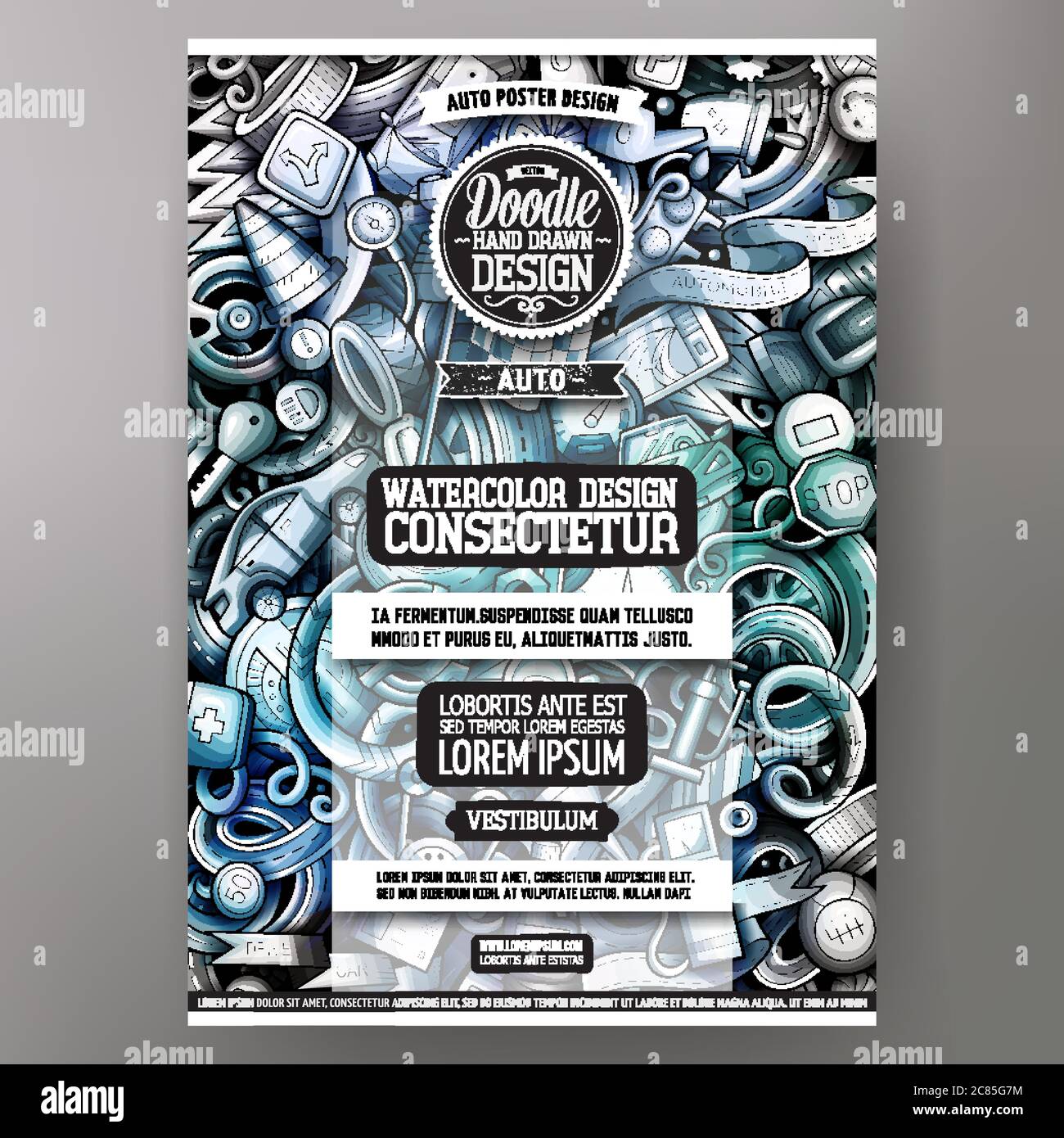 Cartoon watercolor hand drawn doodles Automotive poster design template ...