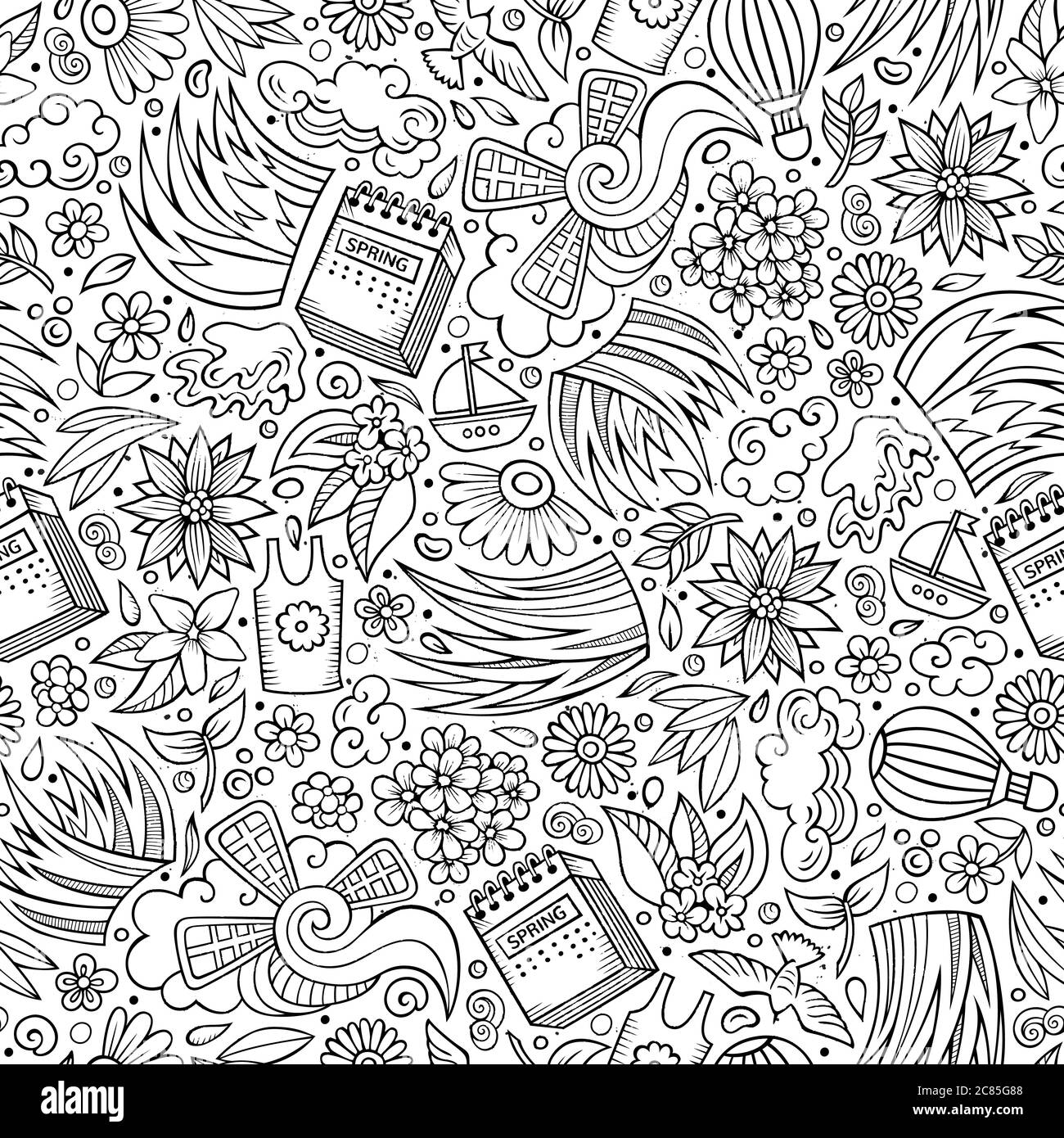 Cartoon cute hand drawn Spring seamless pattern Stock Vector Image ...