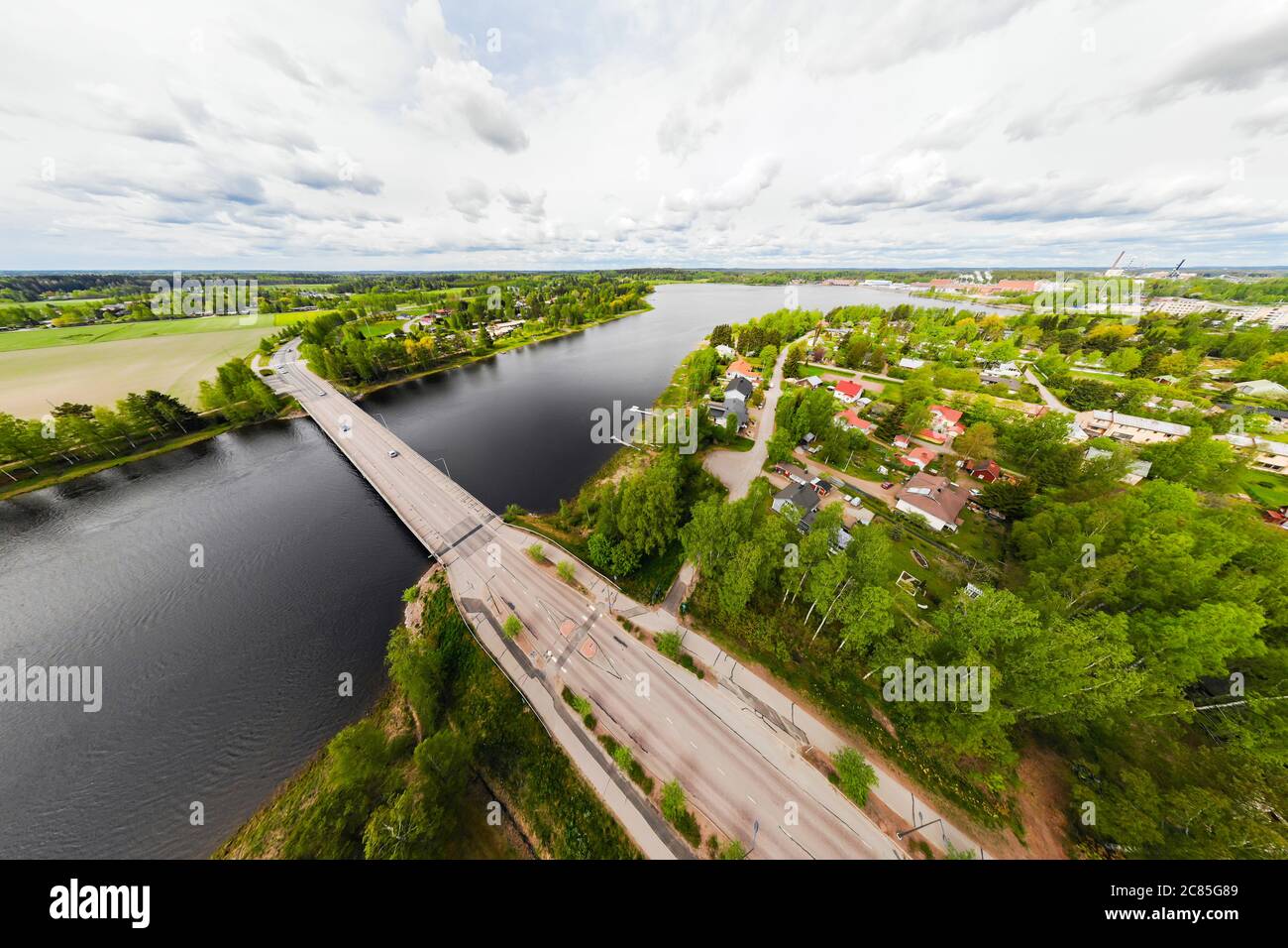 Aerial panoramic view of bridge in city Inkeroinen at river Kymijoki ...
