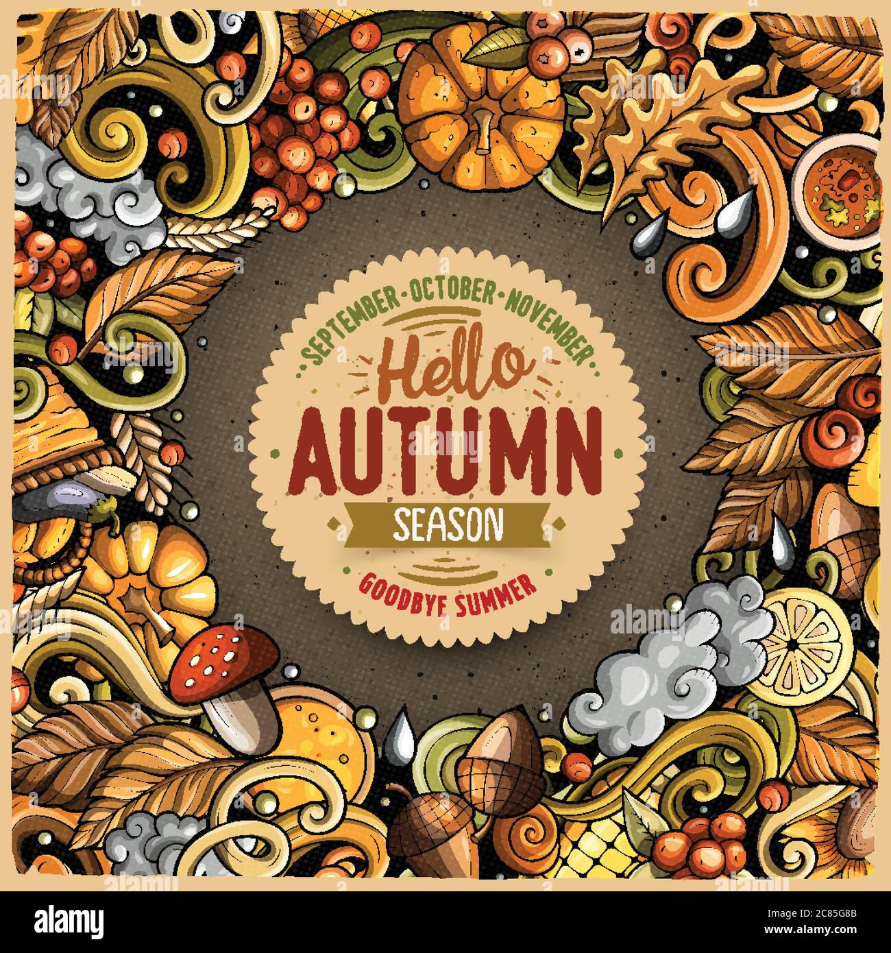Cartoon cute doodles hand drawn Autumn frame design. All items are ...