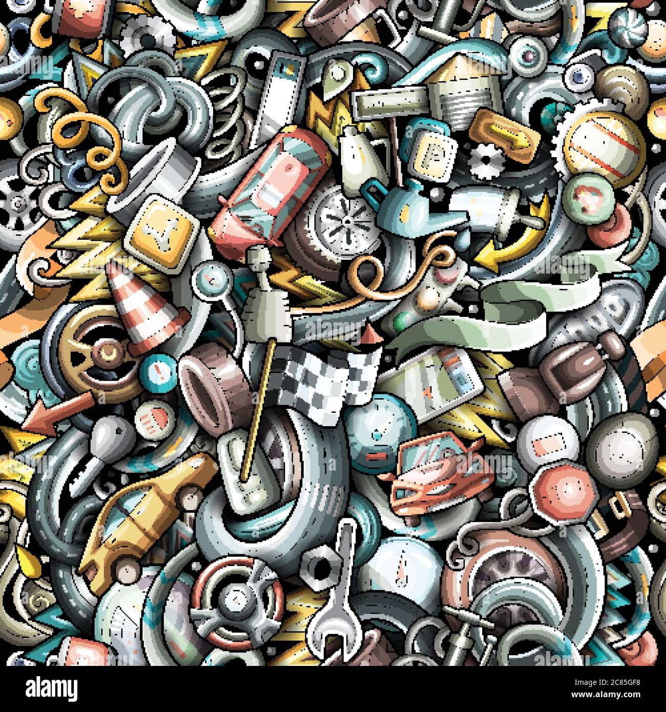 Cartoon cute doodles Automotive seamless pattern Stock Vector Image ...