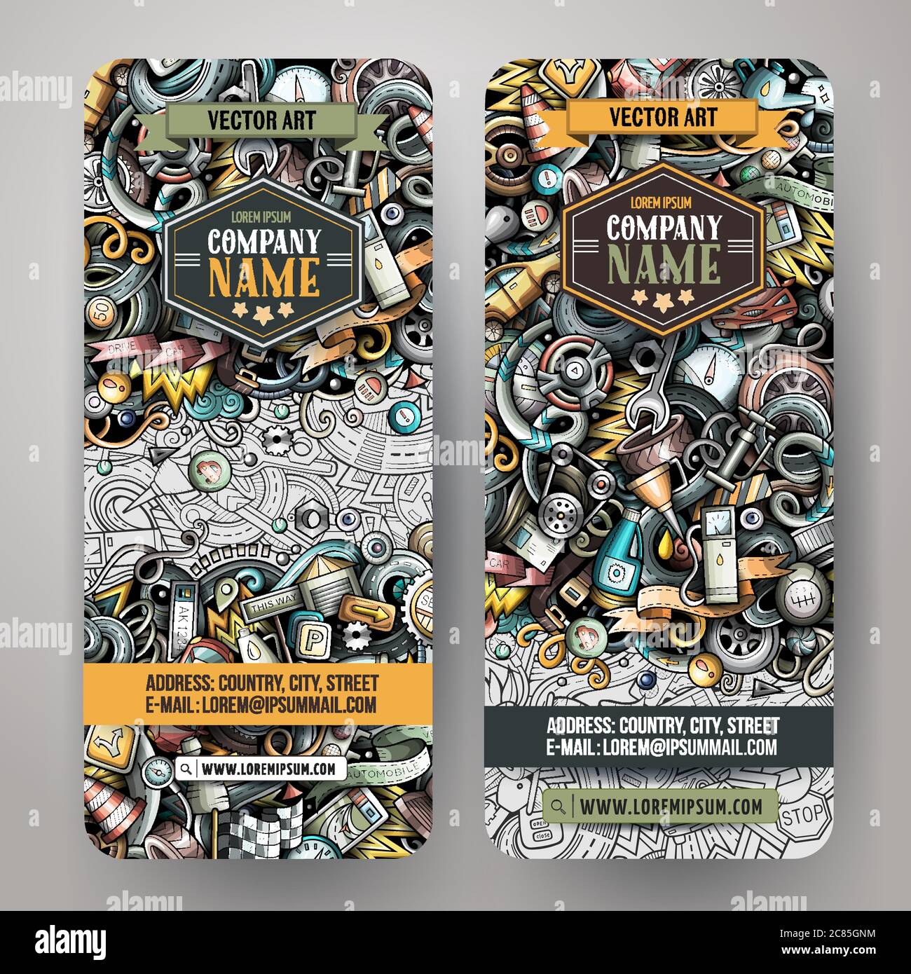 Cartoon cute colorful vector hand drawn doodles automotive banners ...