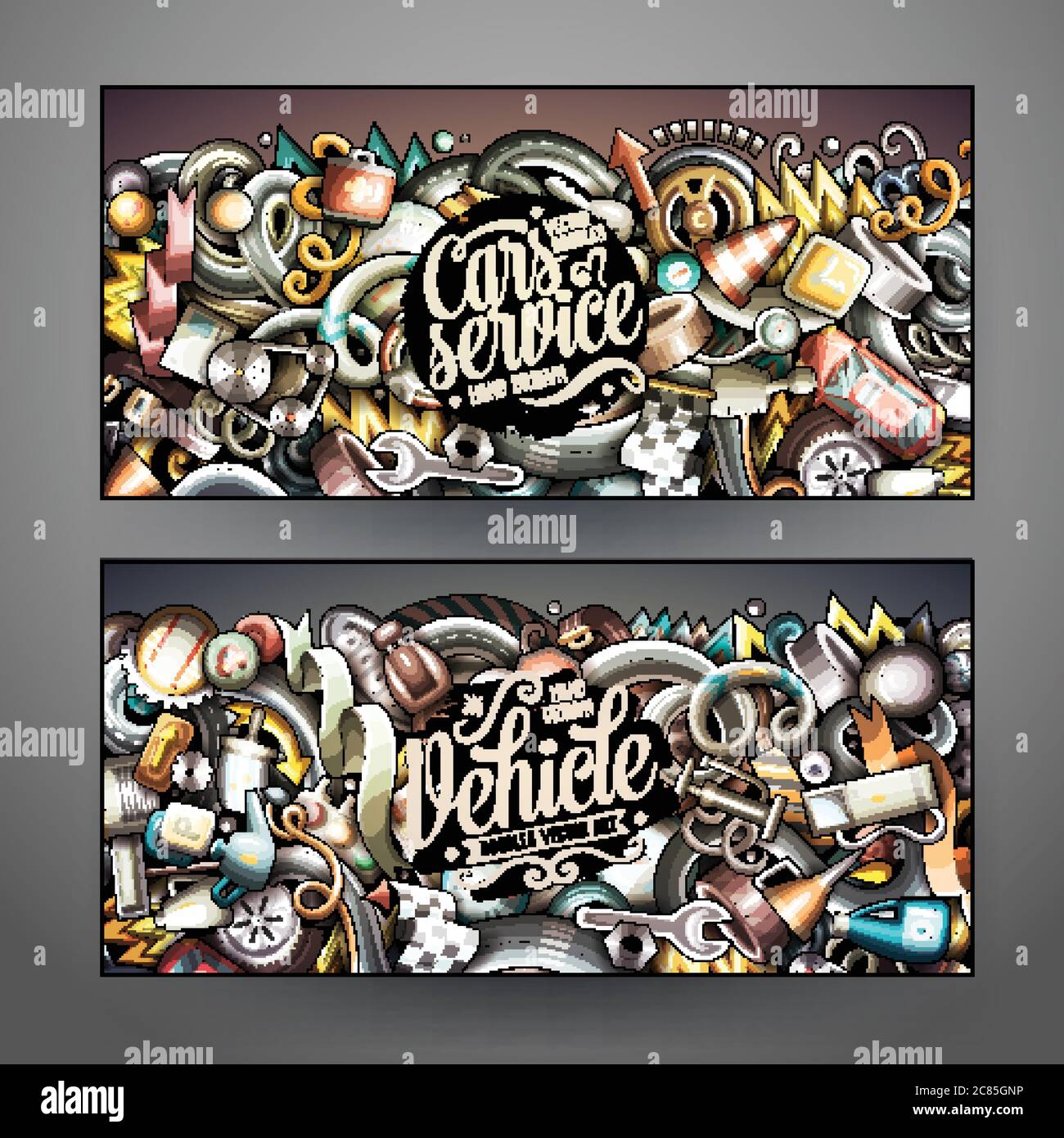 Cartoon cute colorful vector hand drawn doodles automotive banners ...