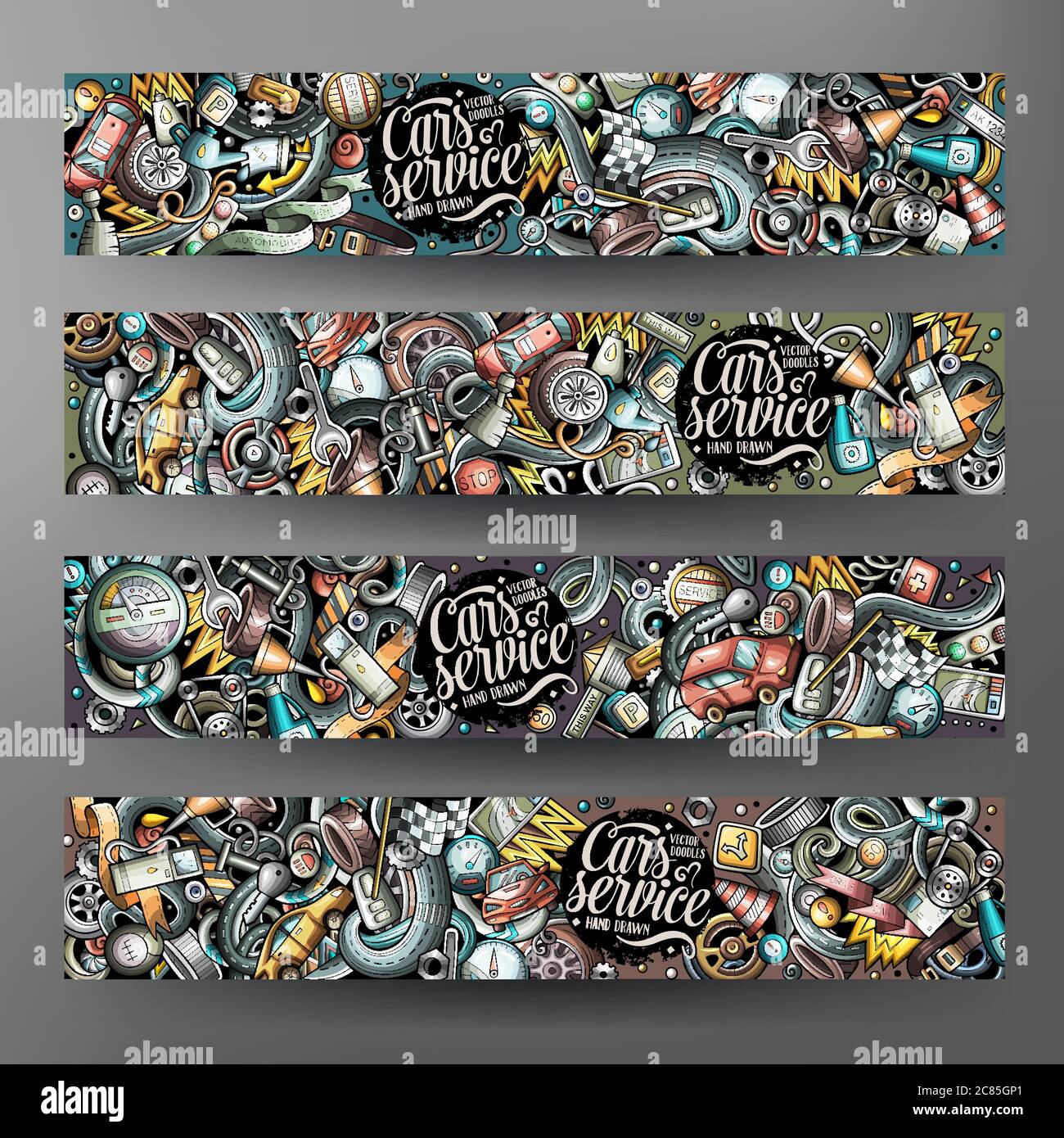 Cartoon cute colorful vector hand drawn doodles automotive banners ...