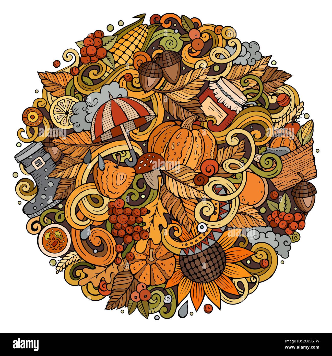 Cartoon cute doodles hand drawn autumn round illustration Stock Vector ...
