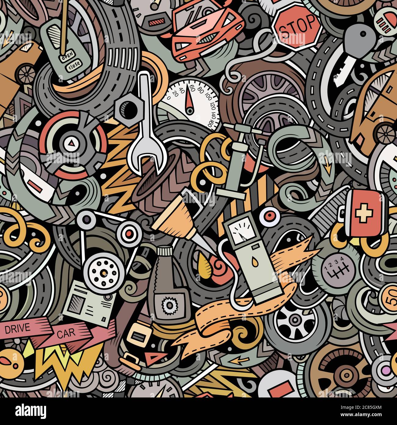 Cartoon cute doodles Automotive seamless pattern Stock Vector Image ...