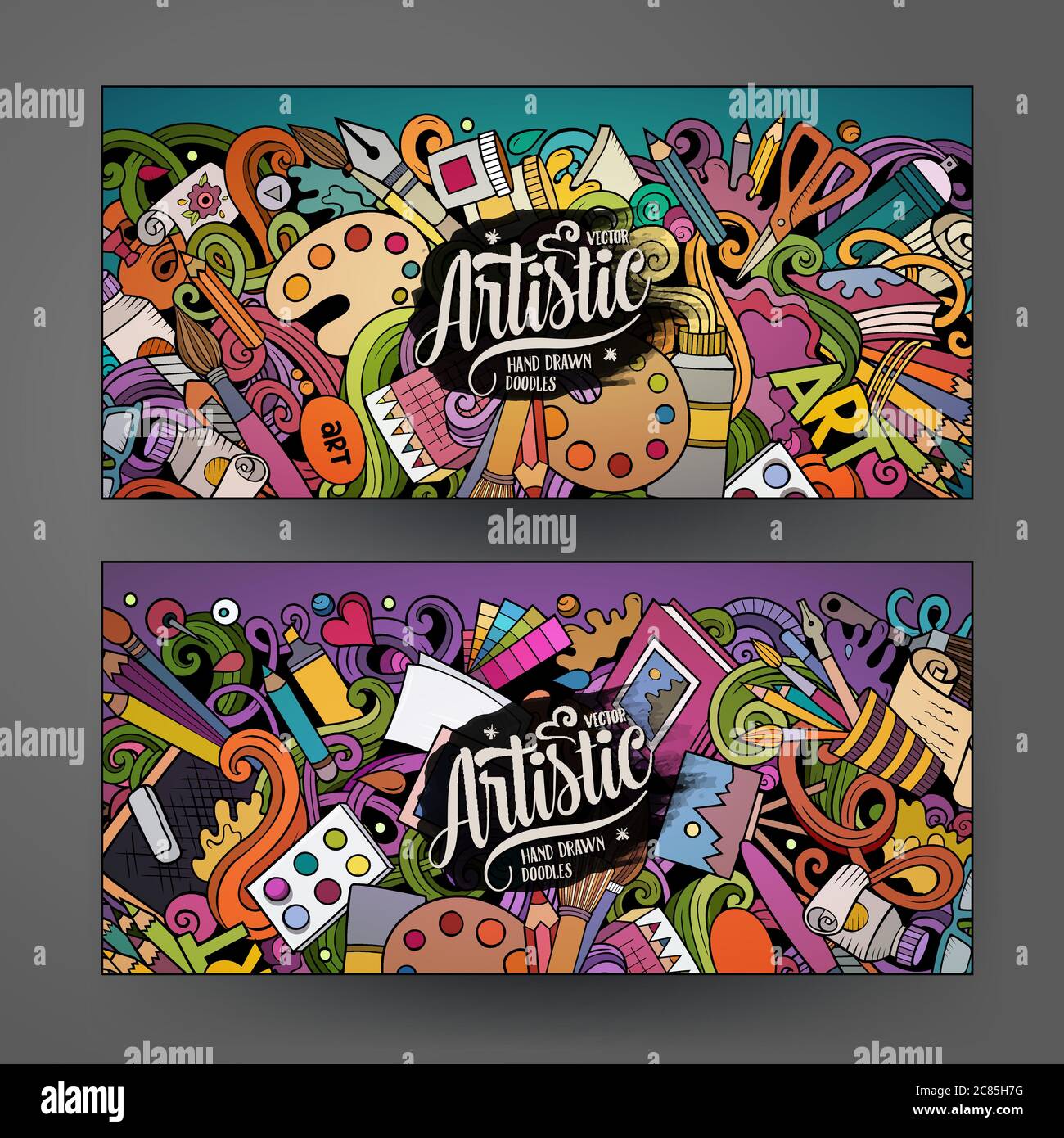 Cartoon cute colorful vector hand drawn doodles Artist banners design ...