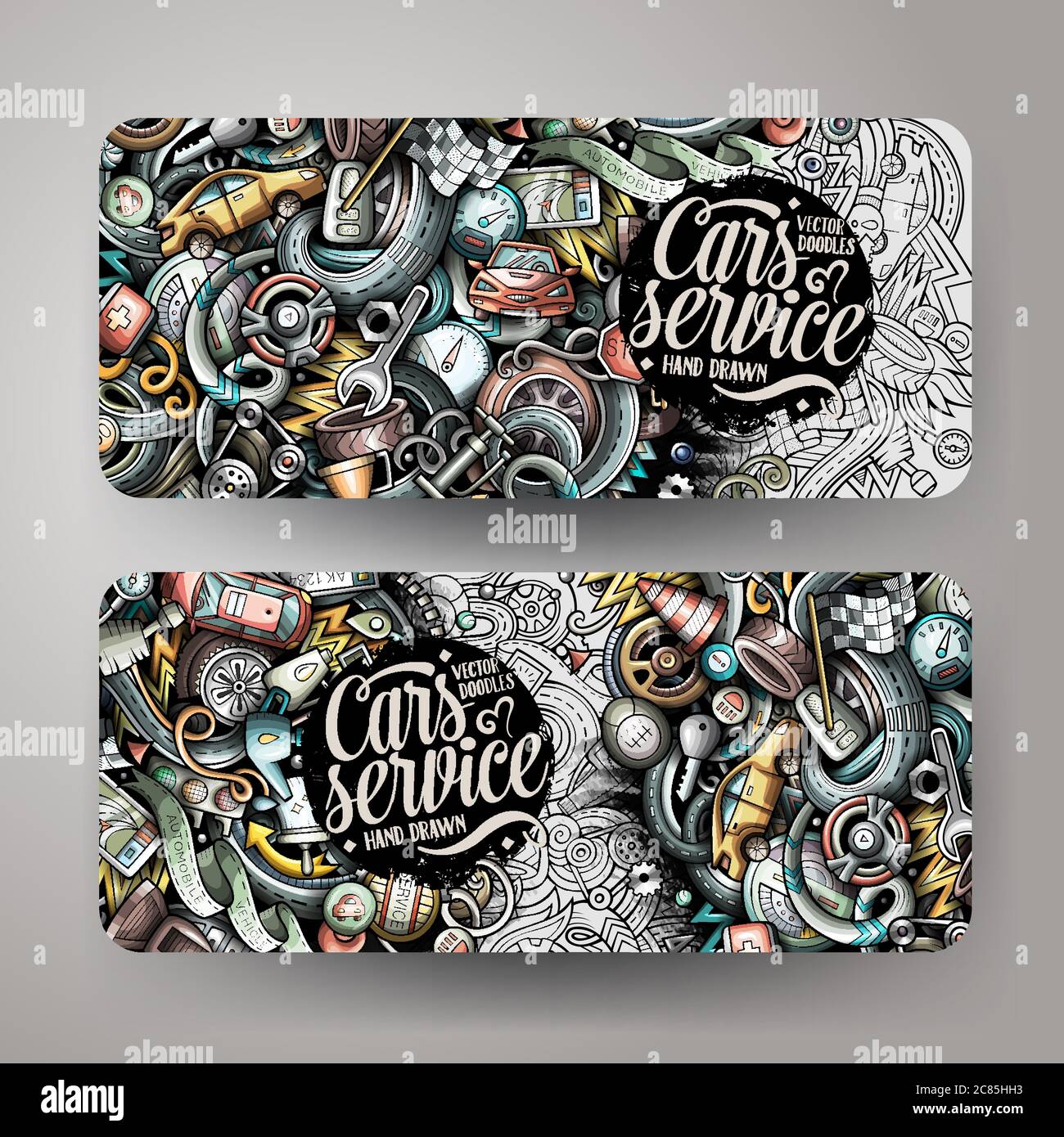 Cartoon cute colorful vector hand drawn doodles automotive banners ...
