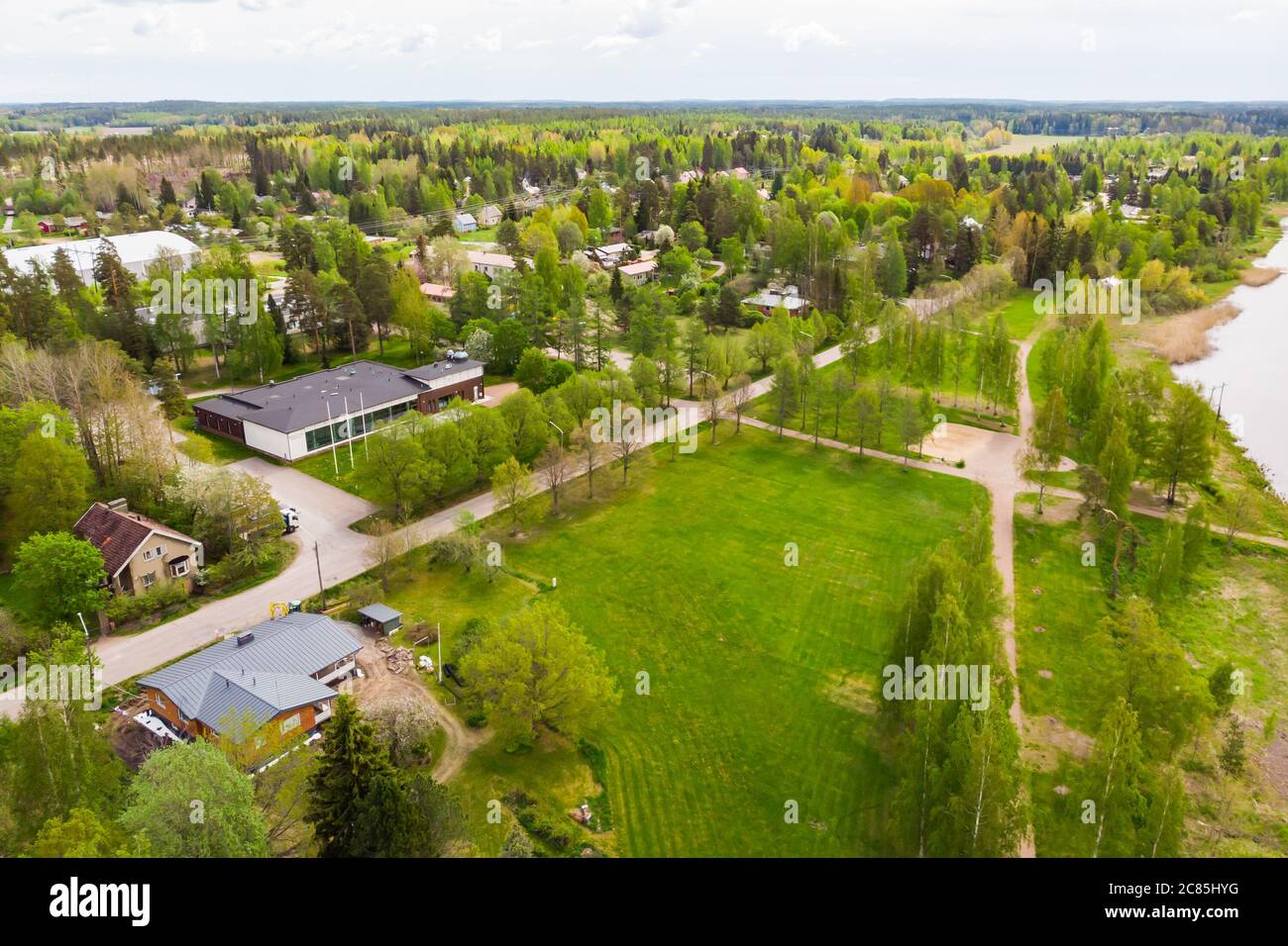 Aerial panoramic view of city Inkeroinen at river Kymijoki, Finland ...