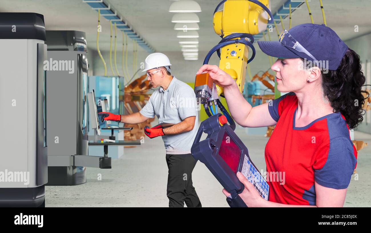 The technicians while machine constructing or mechanical engineering in ...