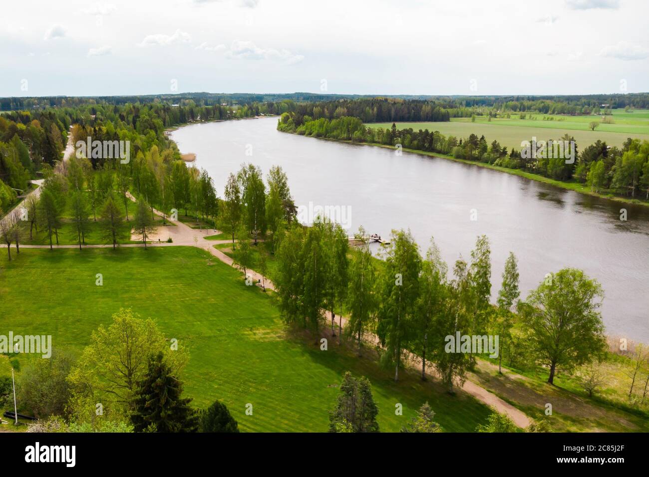 Aerial panoramic view of city Inkeroinen at river Kymijoki, Finland ...