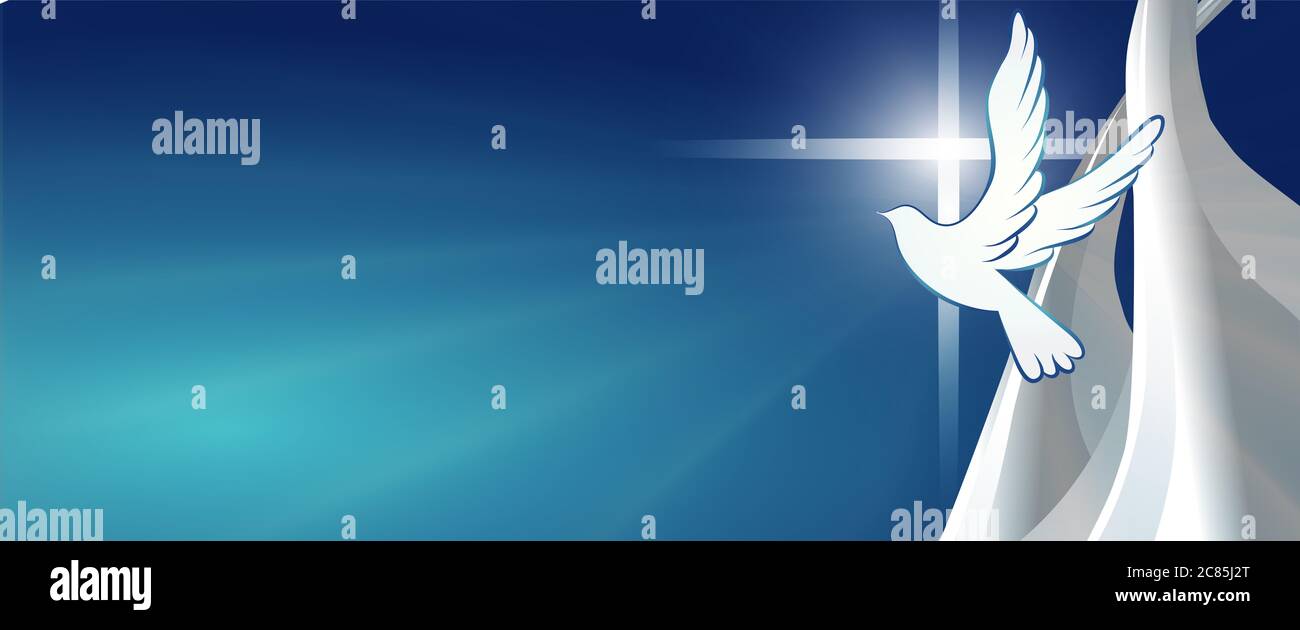 Dove whit christian cross symbol. Crucifix. Blue background with bright ...