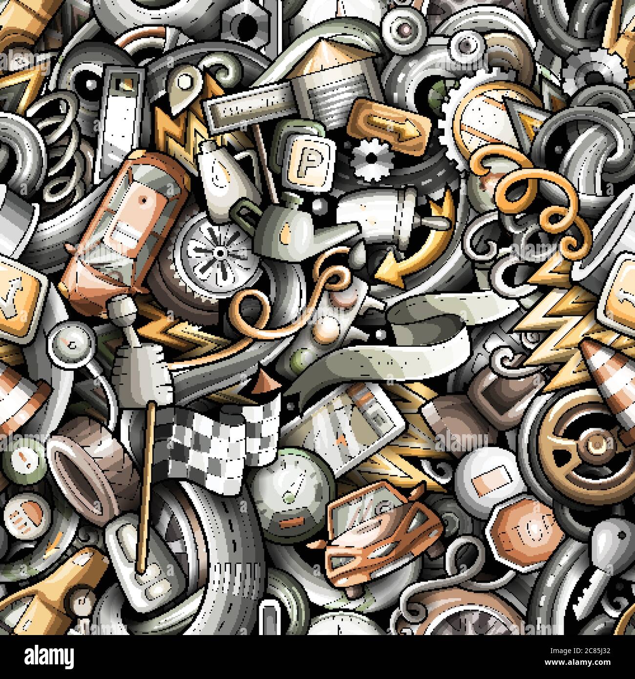 Cartoon cute doodles Automotive seamless pattern Stock Vector Image ...