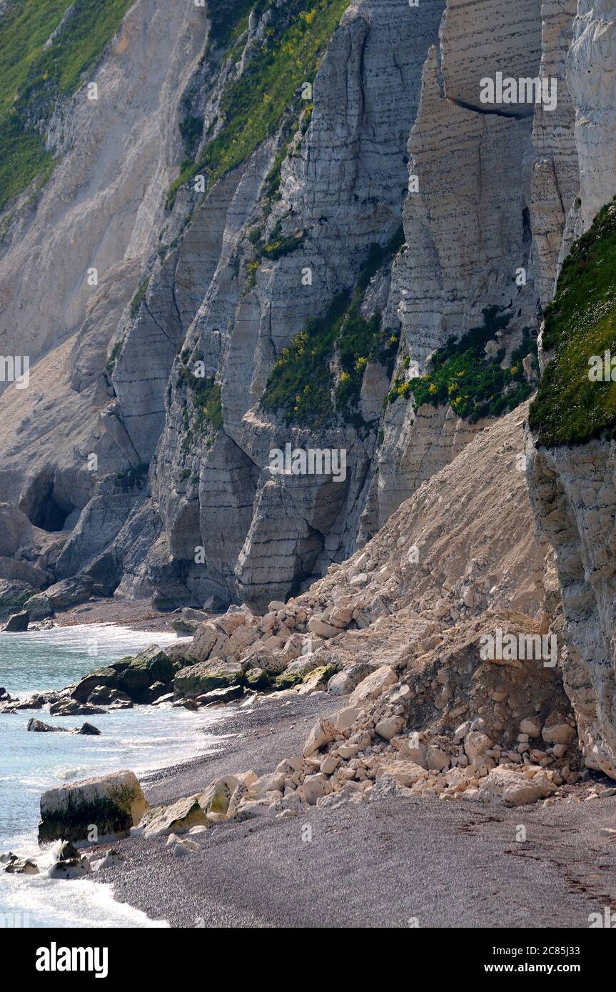 Chalk cliffs, beach and sea shore at West Bottom on the Dorset Jurassic ...