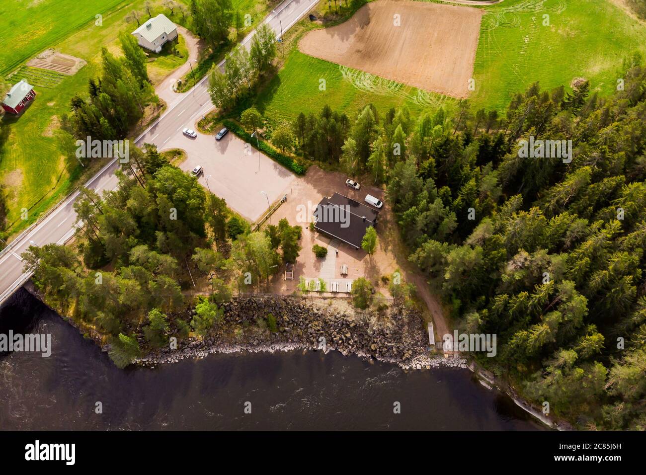 Aerial panoramic view of rapid Susikoski at river Kymijoki, Finland ...