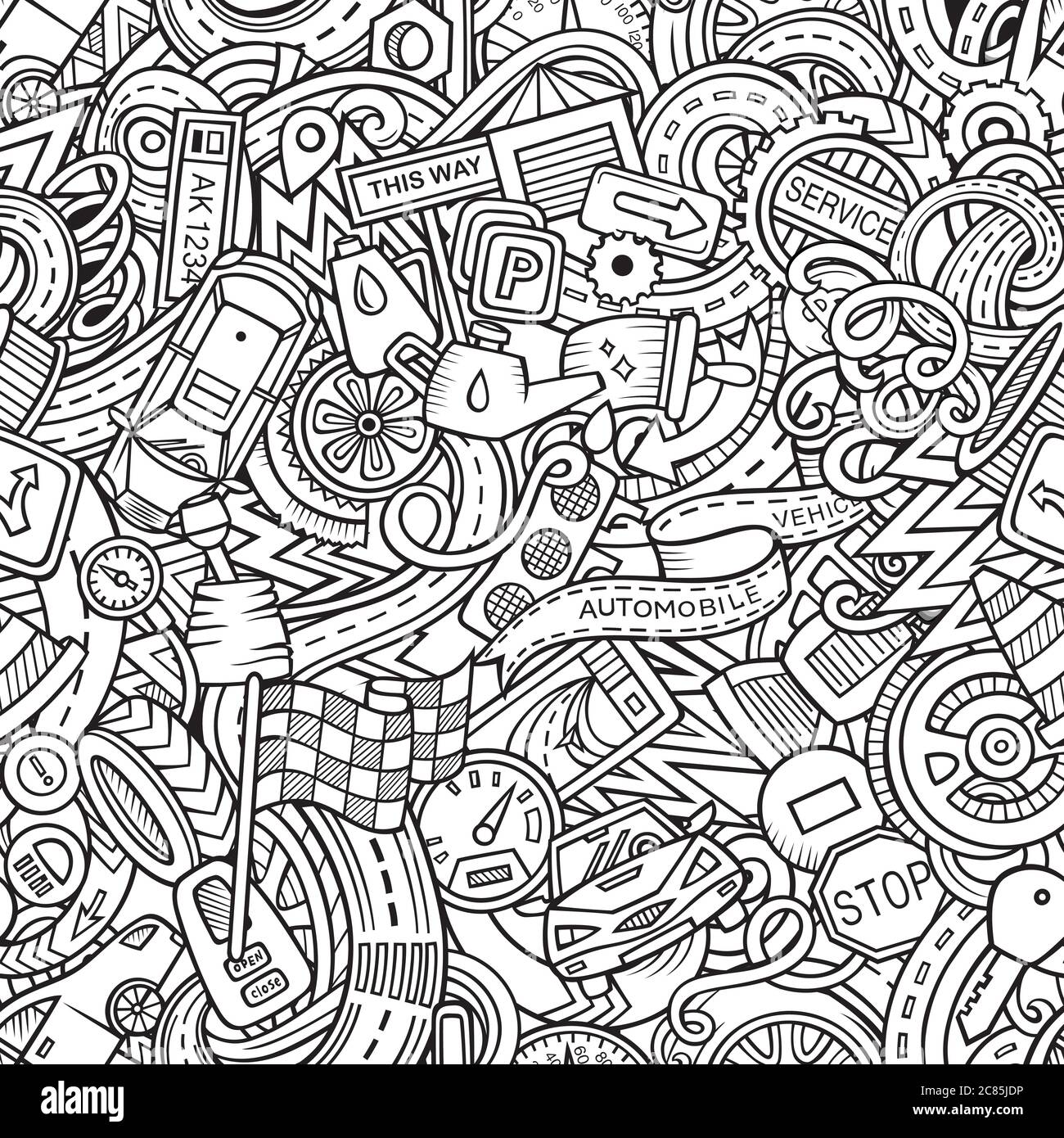 Cartoon cute doodles Automotive seamless pattern Stock Vector Image ...