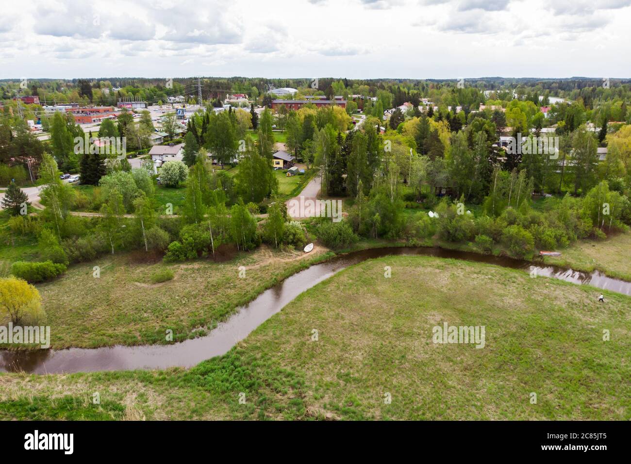 Aerial panoramic view of city Inkeroinen at river Kymijoki, Finland ...