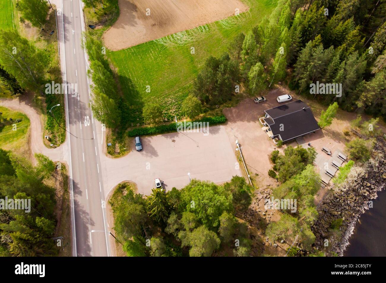 Aerial panoramic view of rapid Susikoski at river Kymijoki, Finland ...