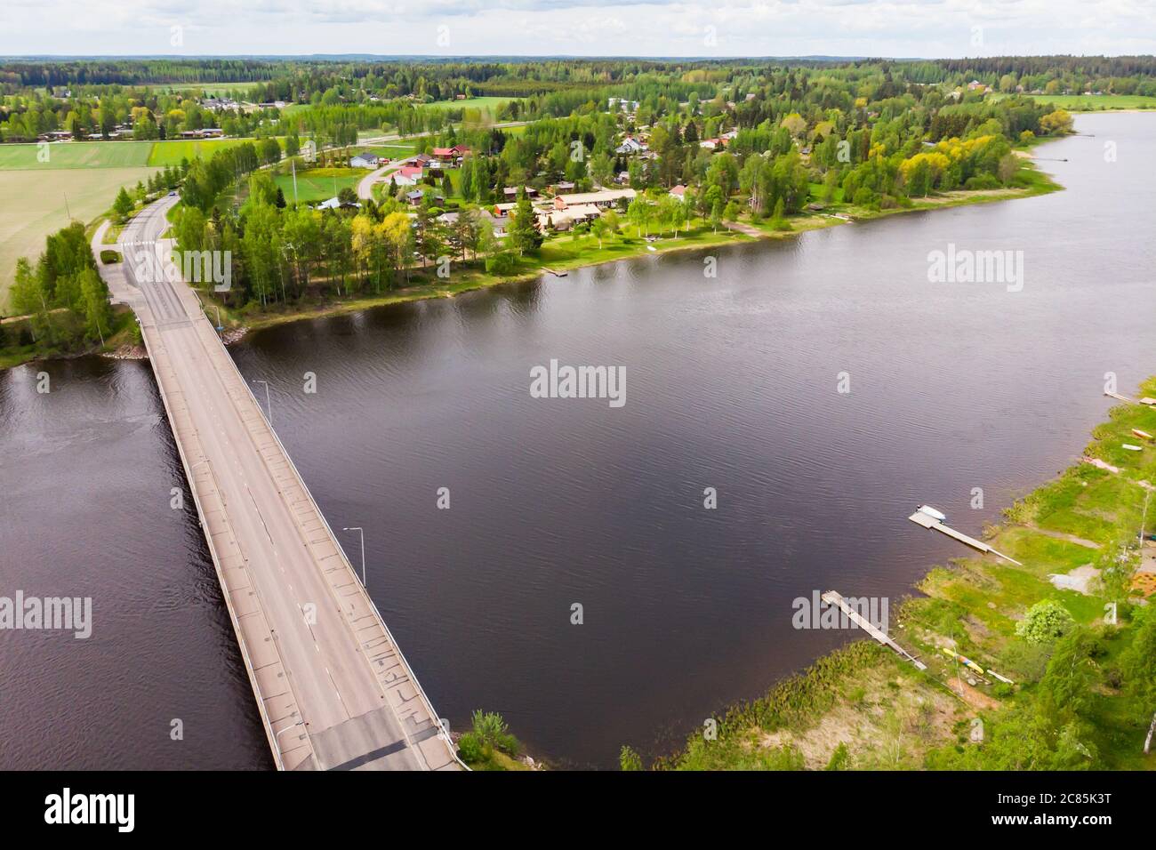 Aerial panoramic view of bridge in city Inkeroinen at river Kymijoki ...