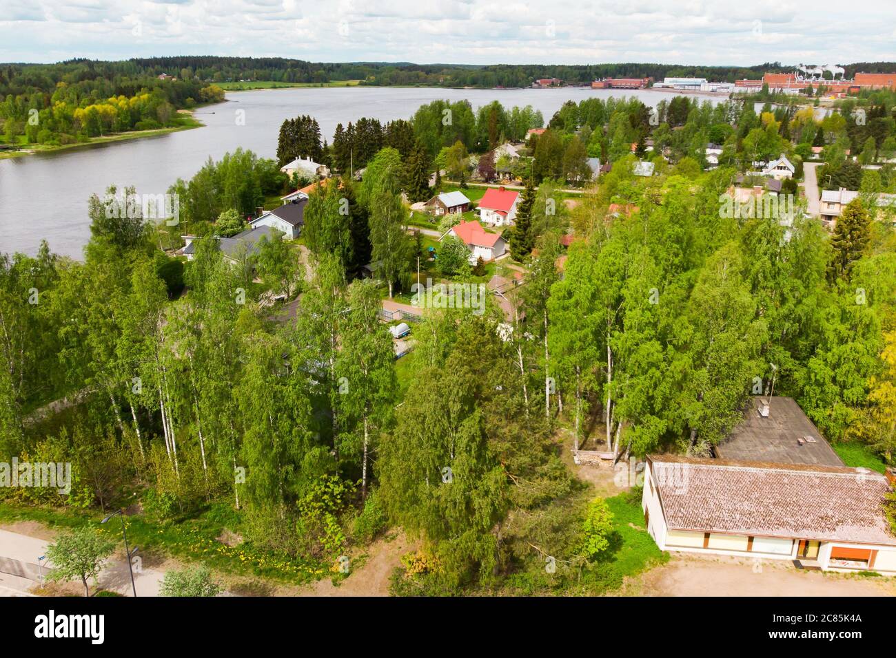 Aerial panoramic view of city Inkeroinen at river Kymijoki, Finland ...