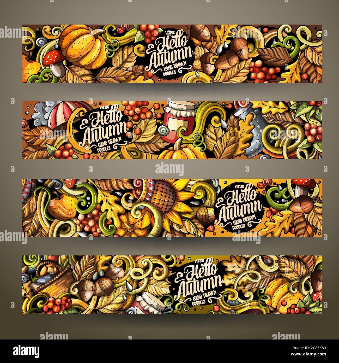 Cartoon cute colorful vector hand drawn doodles Fall season corporate ...