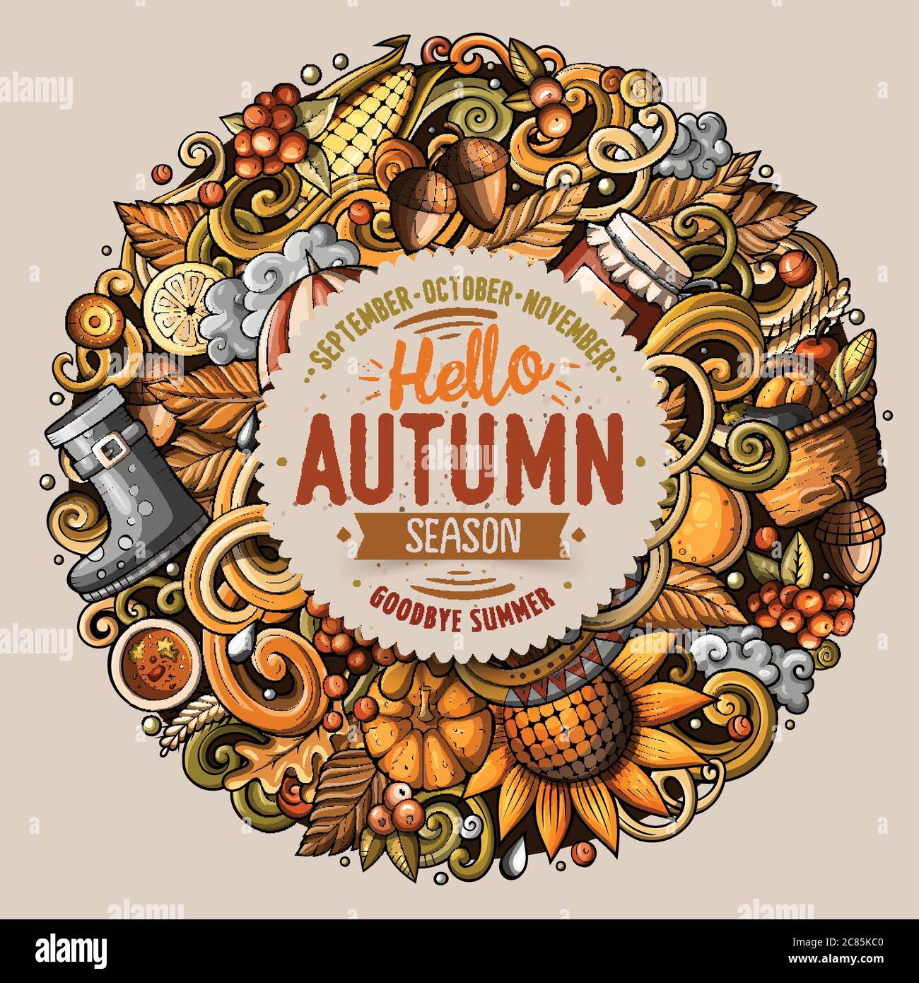 Cartoon cute doodles hand drawn Autumn round illustration. All items ...