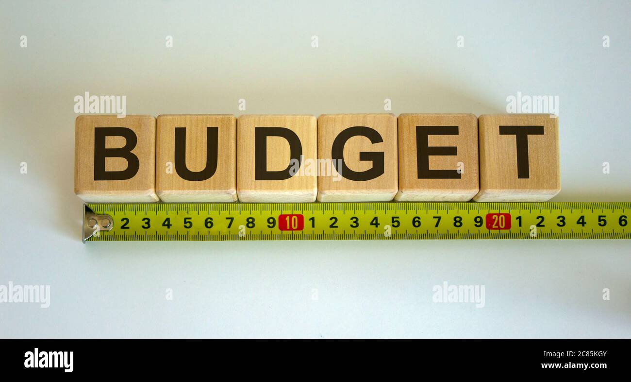 Budget word on cubes arranged behind the ruler on beautiful white ...
