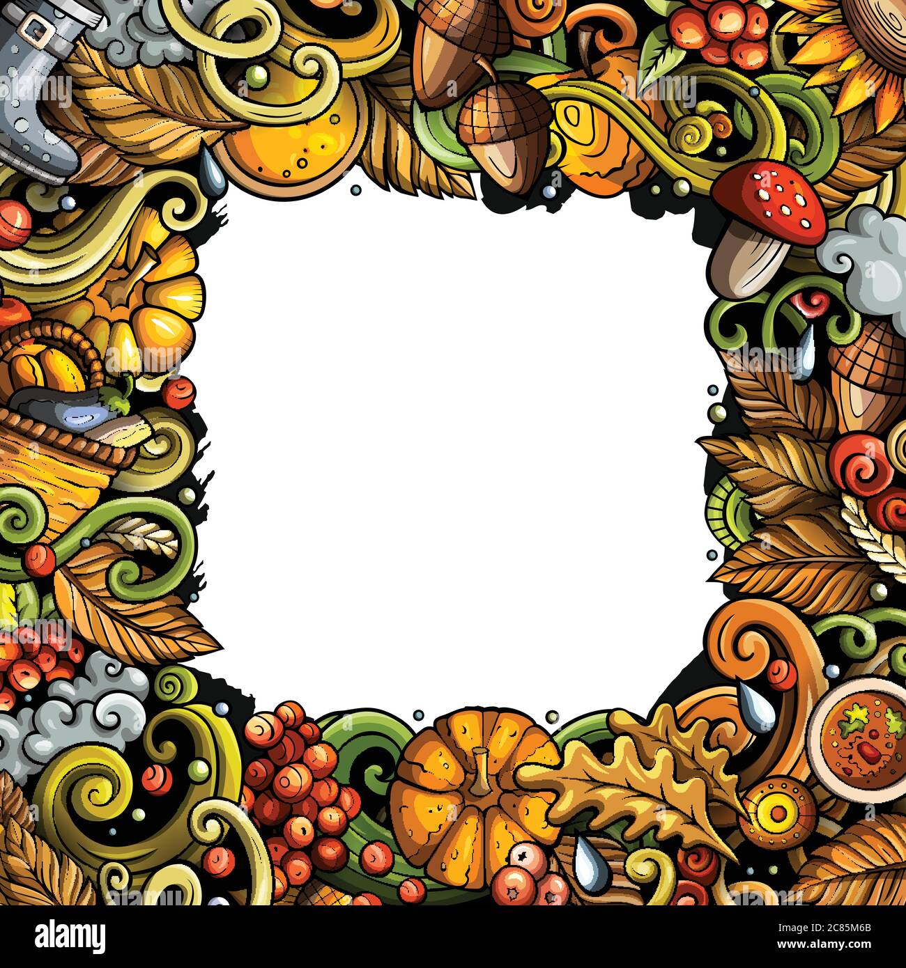 Cartoon cute doodles hand drawn Autumn frame design. All items are ...